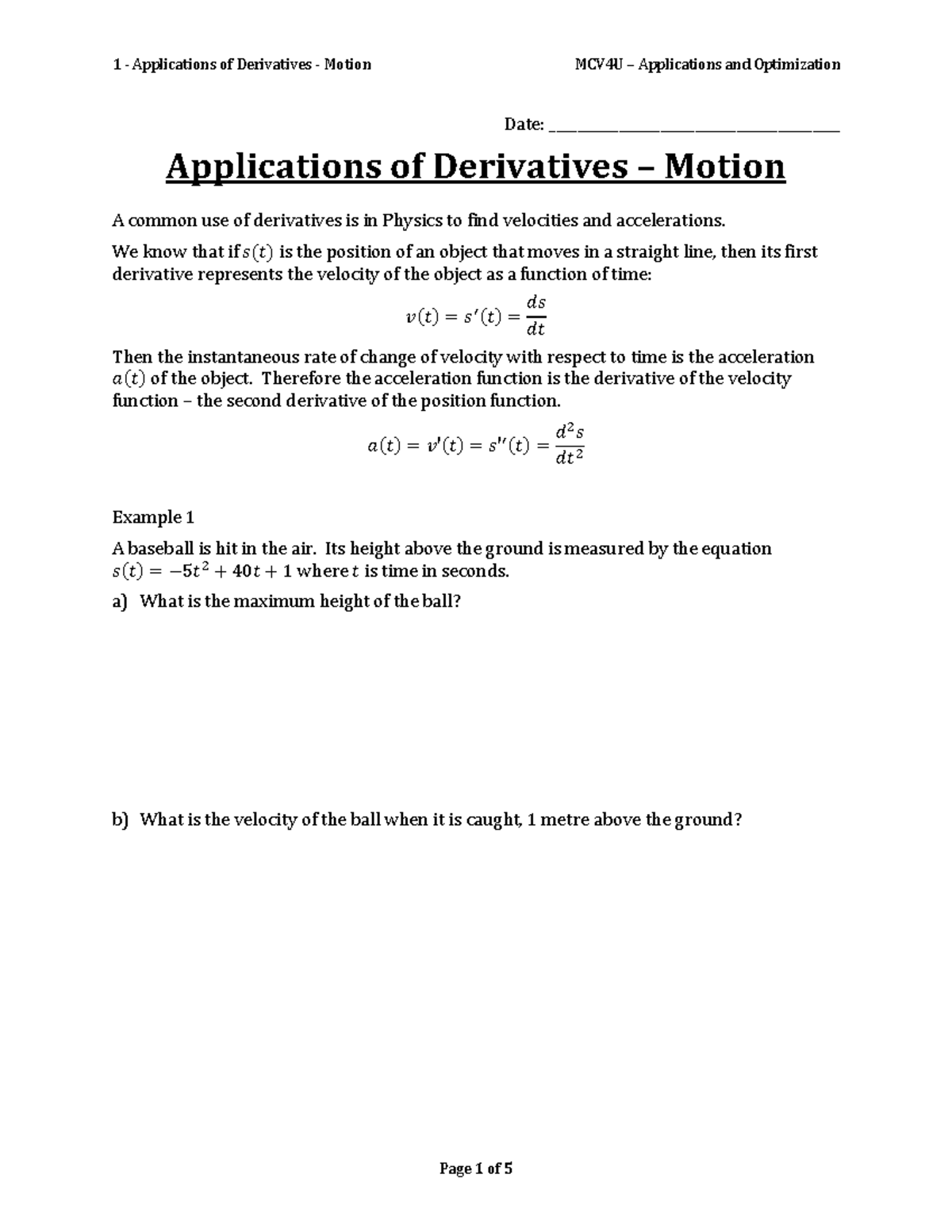 01 - Applications of Derivatives - Motion - Date