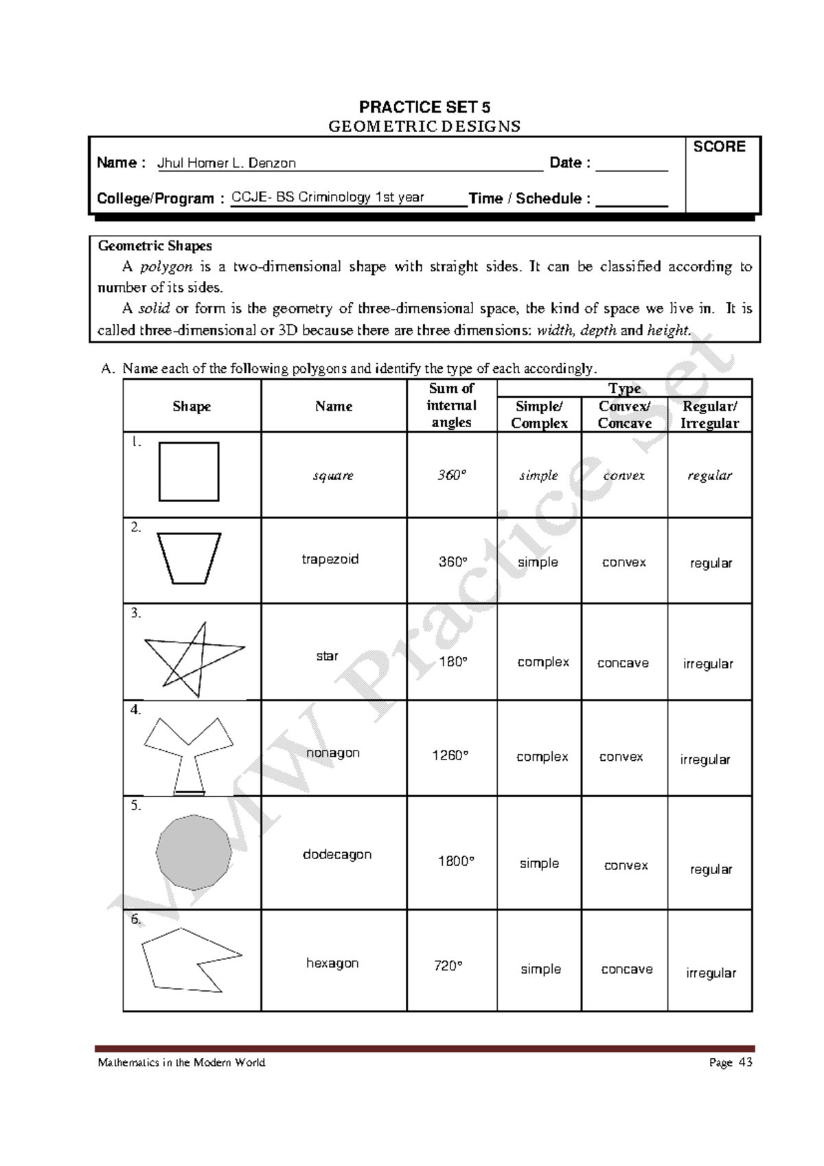 MMW Practice SET5 Denzon - PRACTICE SET 5 GEOMETRIC DESIGNS Name : Date ...