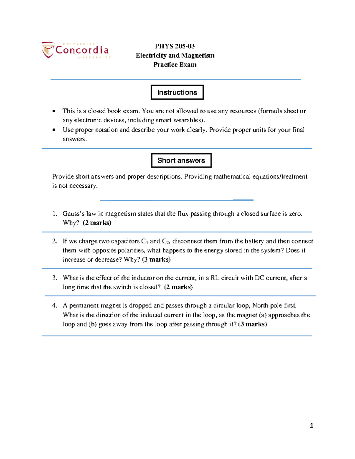 2018 Winter Practice - PHYS 205- Electricity and Magnetism Practice ...
