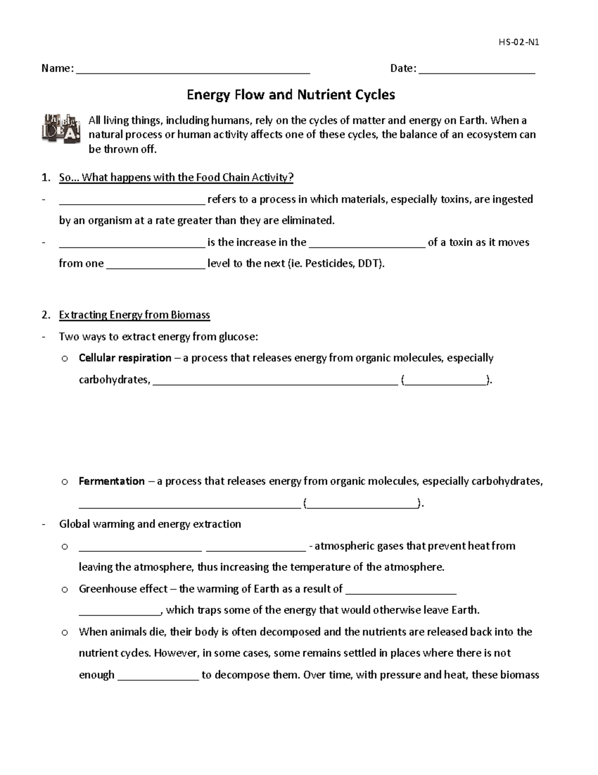 HS-02 Energy Flow & Nutrient Cycles - Name ...