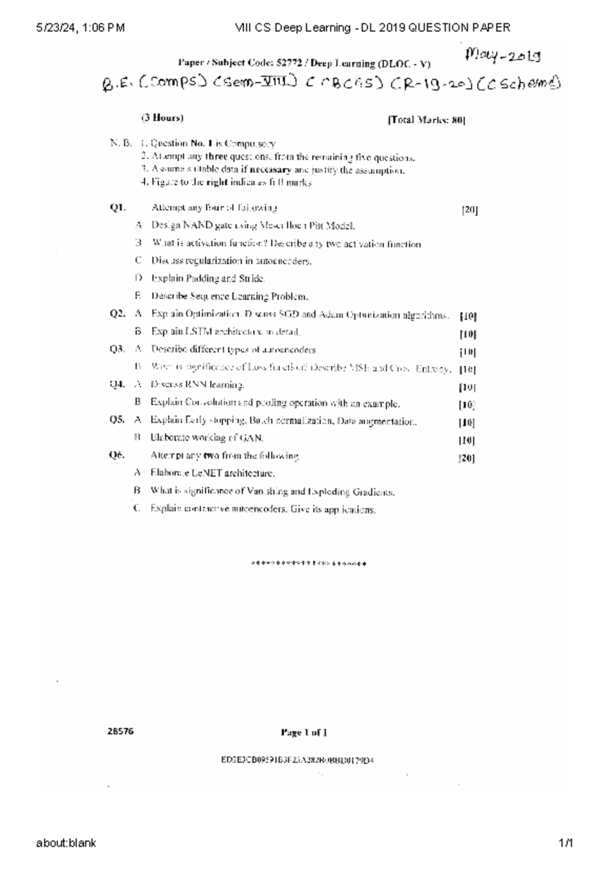 VIII CS Deep Learning - DL 2019 Question Paper - 5/23/24, 1:06 PM VIII ...
