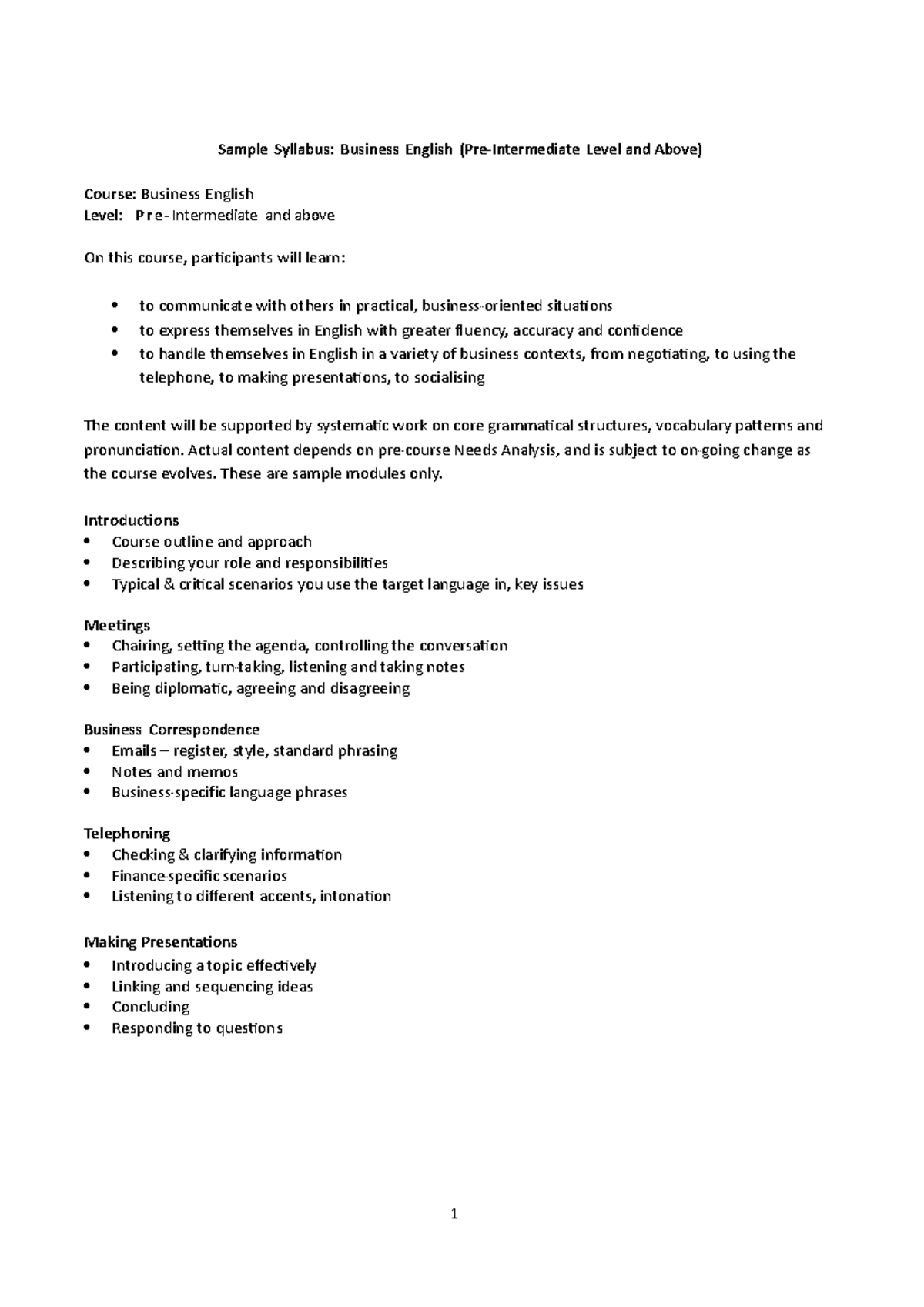 Sample Syllabus Business-English - Sample Syllabus: Business English ...