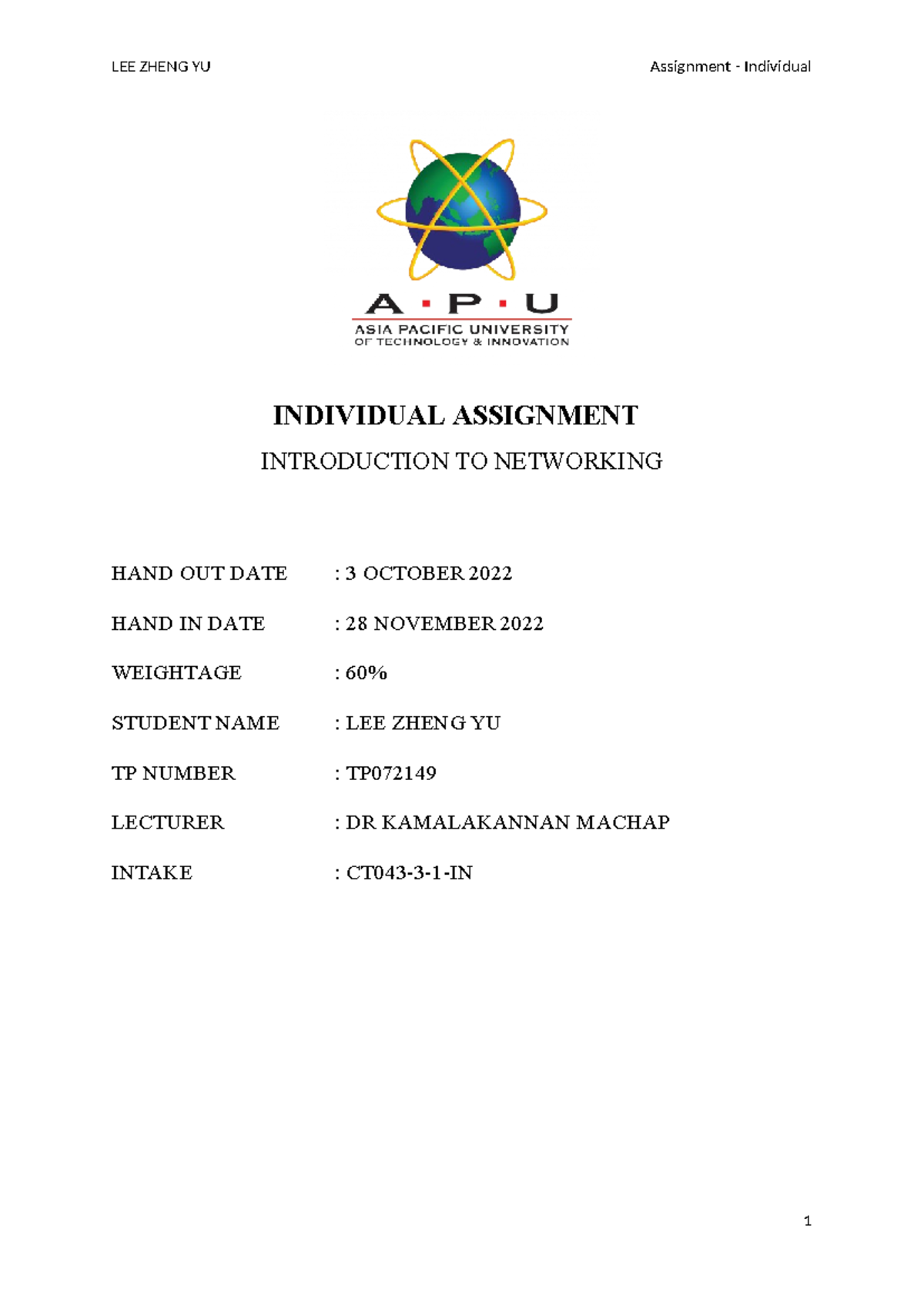 Individual assignment - INDIVIDUAL ASSIGNMENT INTRODUCTION TO ...