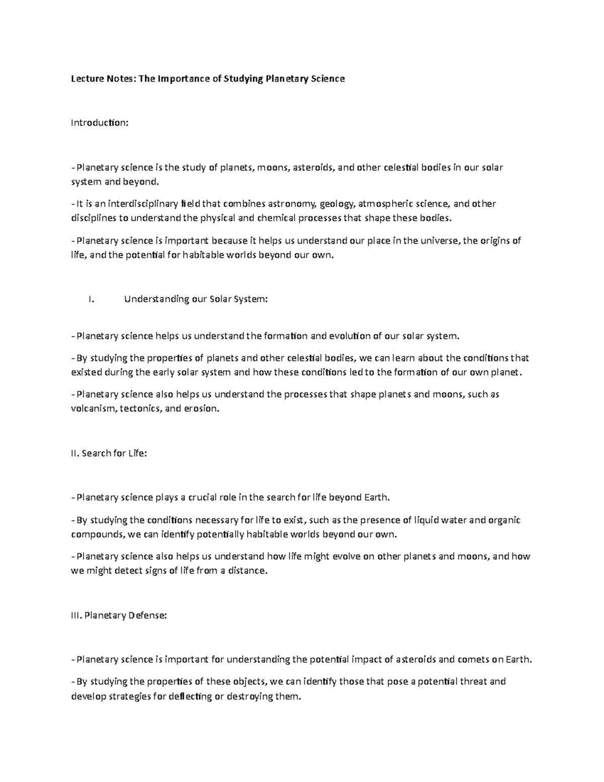 Lecture Notes: The Importance of Studying Planetary Science - Lecture ...