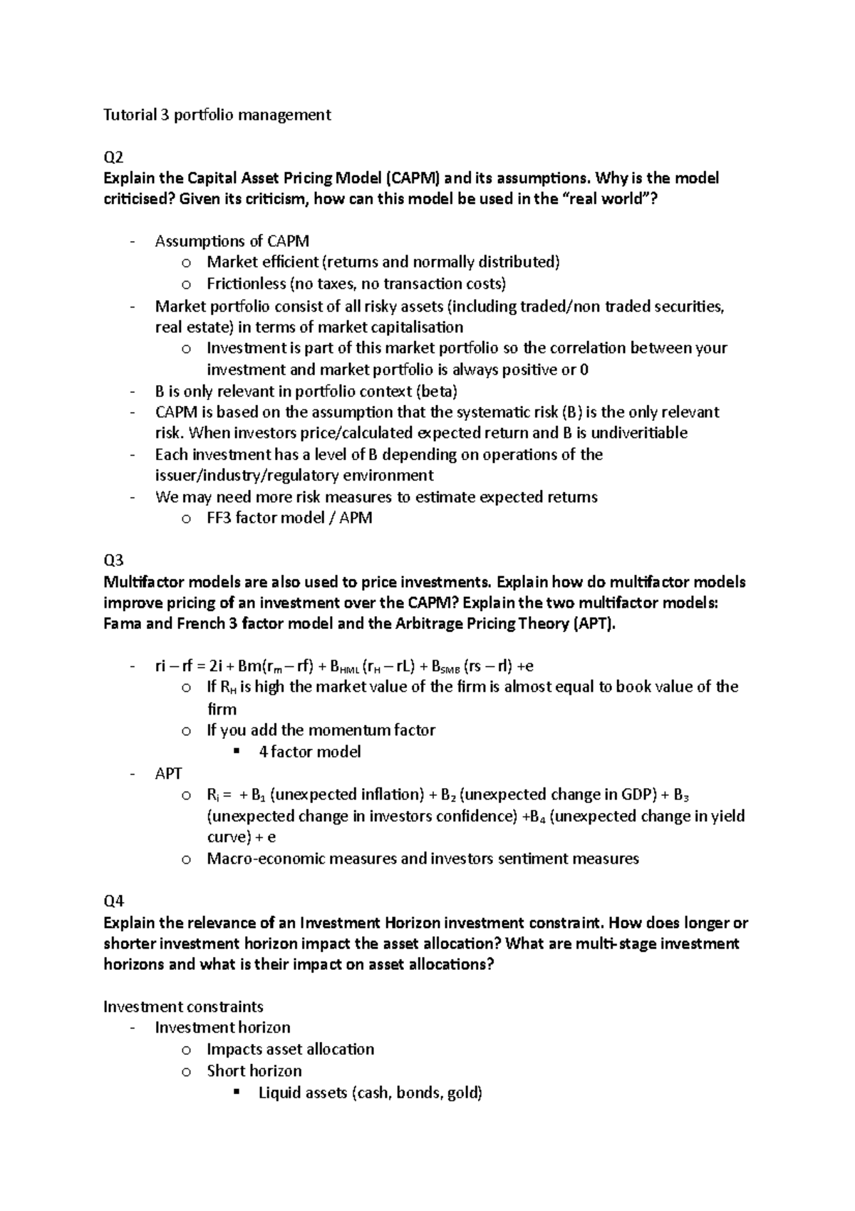 Tutorial 3 portfolio management - CORPFIN 3501 - Adelaide University ...