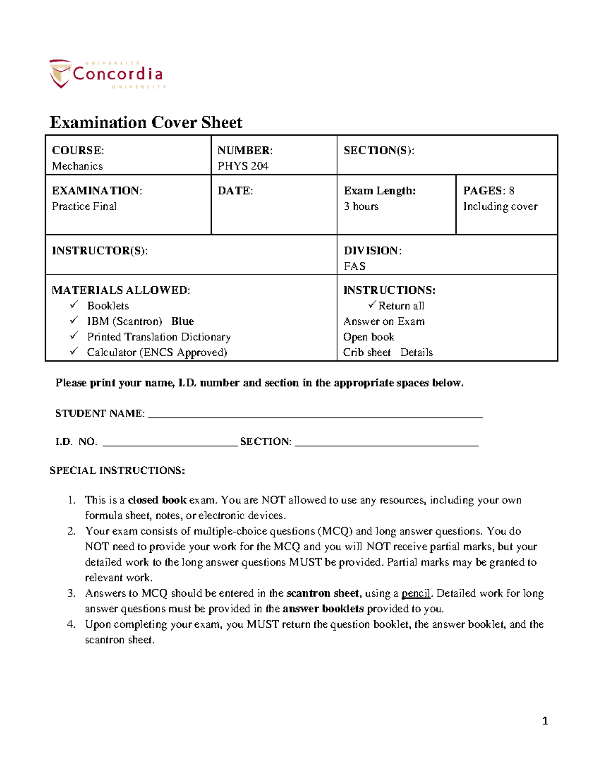 Phys 204 Practice Final 3h Phys 204 Concordia Studocu