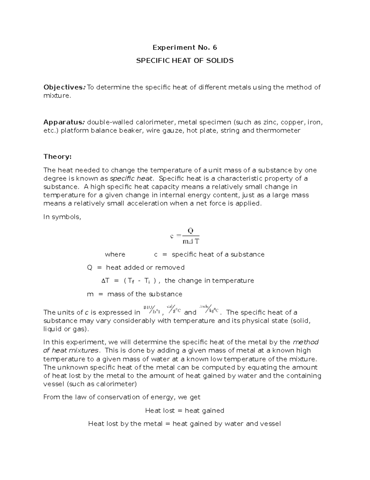 Experiment-No - Guide - Experiment No. 6 SPECIFIC HEAT OF SOLIDS ...