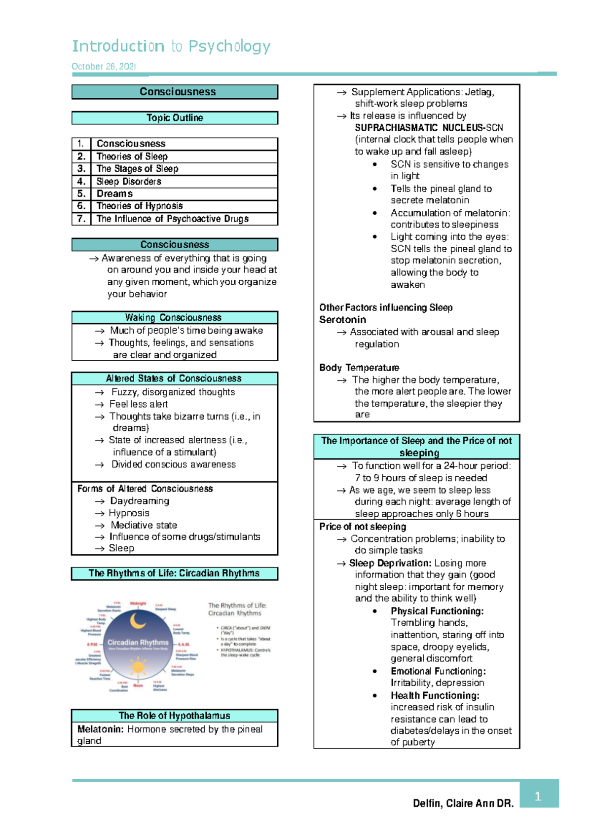 Consciousness - October 26 , 2021 1 Consciousness Topic Outline 1 ...