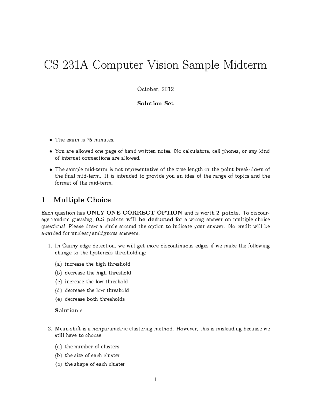 CS 231A Computer Vision Sample Midterm October, 2012 Solution Set - CS ...