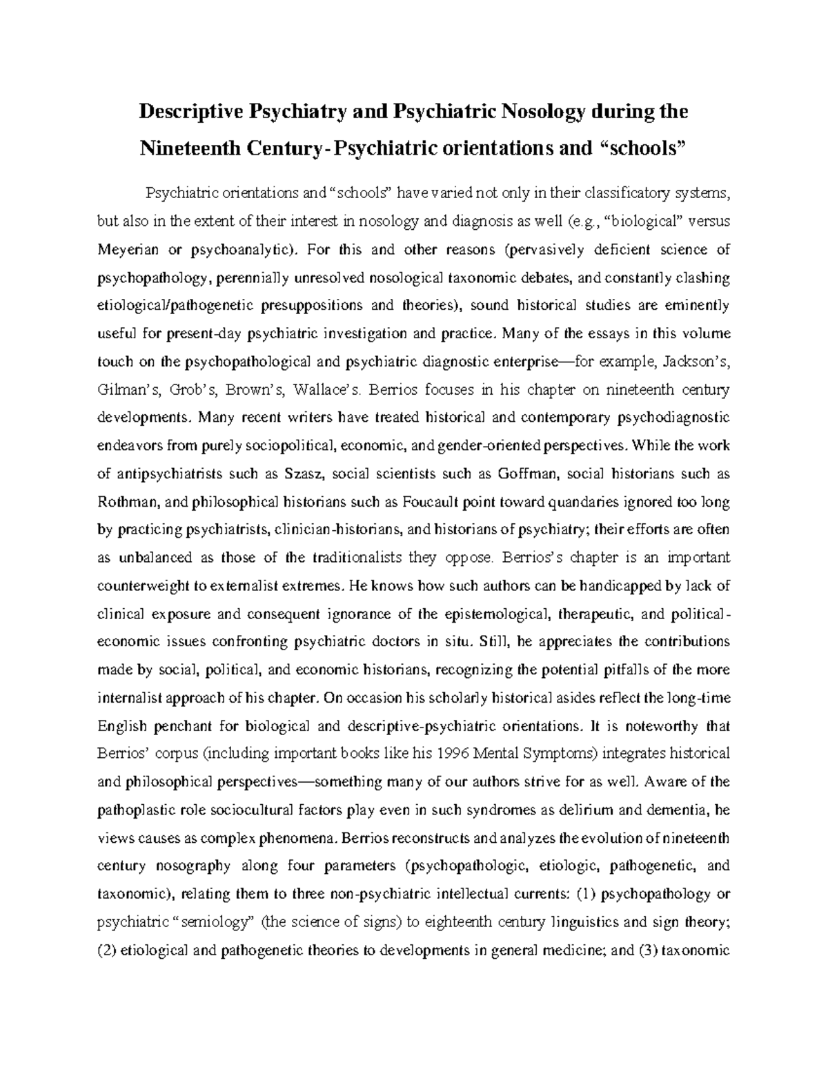 Descriptive Psychiatry and Psychiatric Nosology during the Nineteenth ...