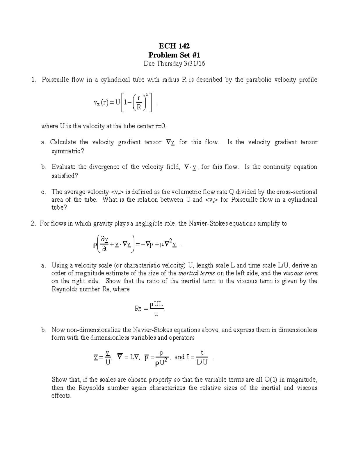 Problem Set 1 16 - Homework 1 - ECH 142 Problem Set Due Thursday 1 ...