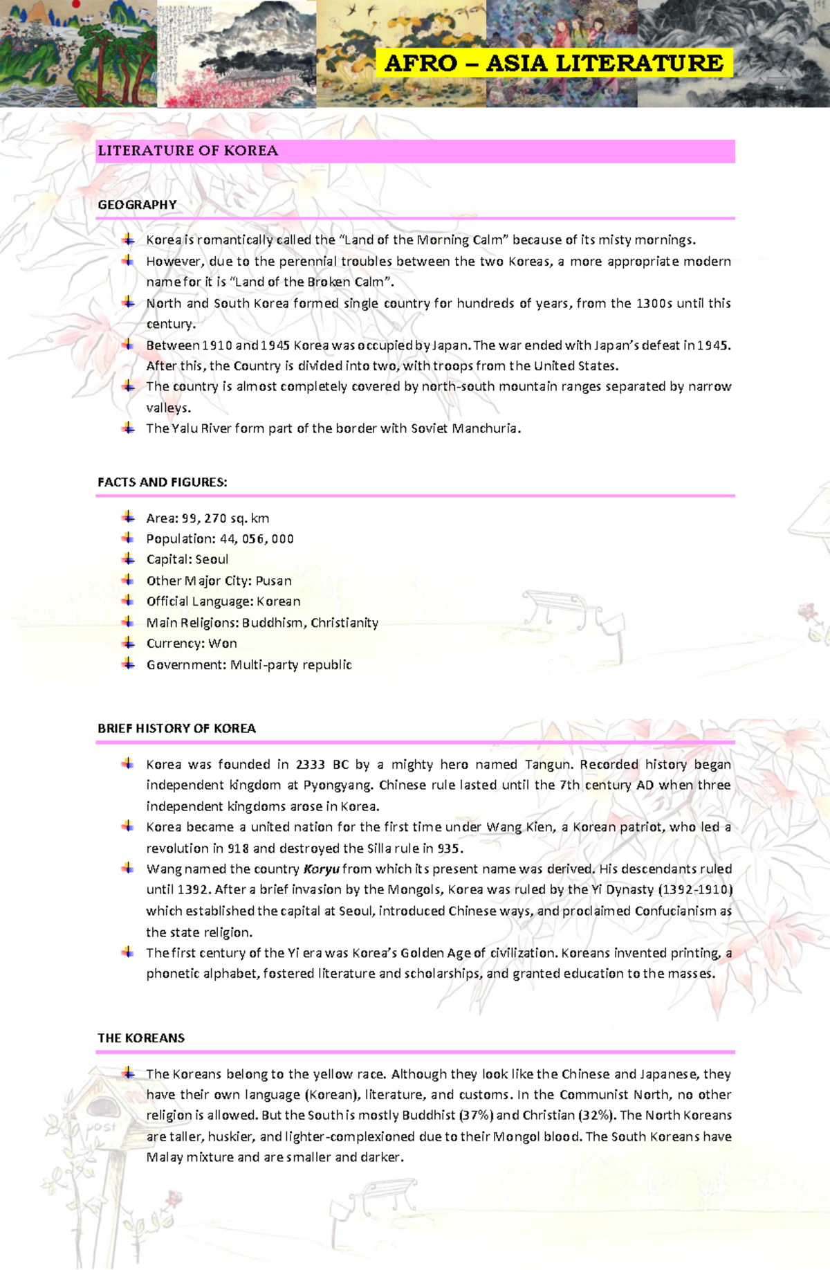 Handouts for Korean Literature (Afro Asian Literature) - LITERATURE OF ...