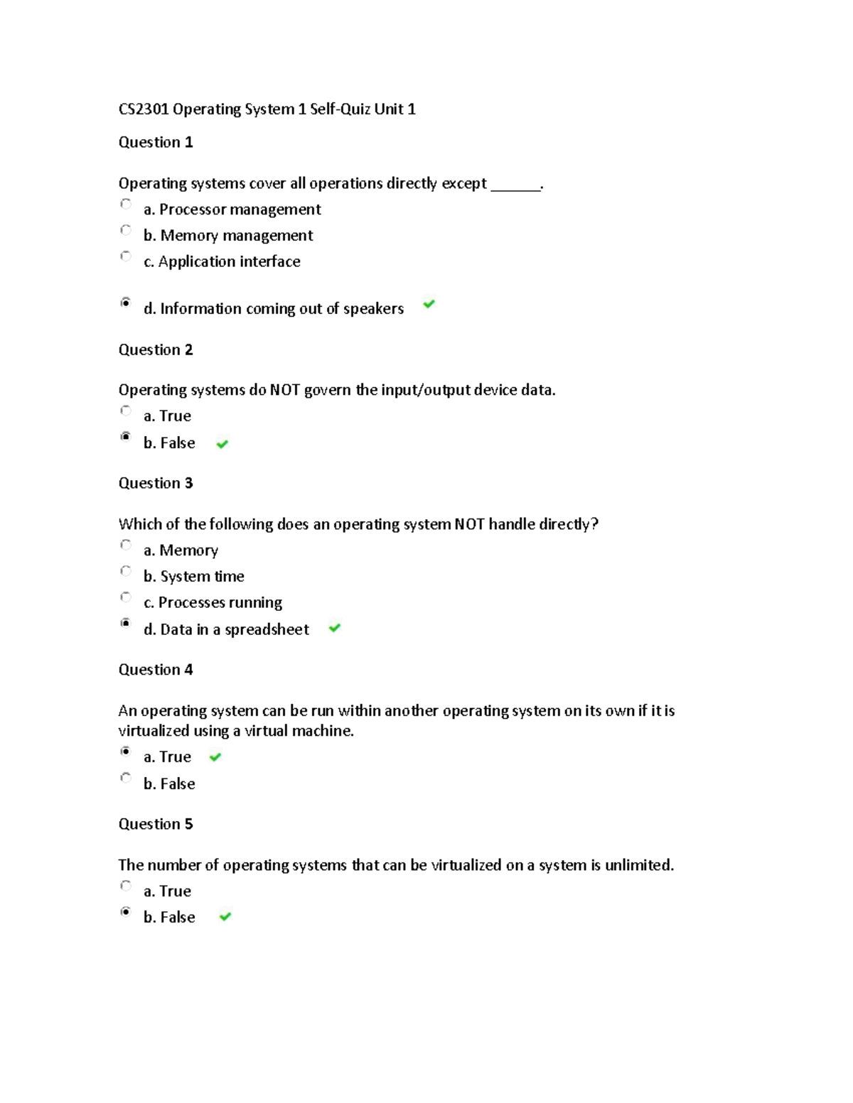 Self-Quiz 1 - Self-Quiz 1 - CS2301 Operating System 1 Self-Quiz Unit 1 Question 1 Operating ...