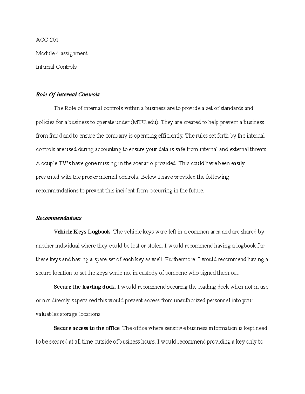 ACC 201 Mod 4 Internal Control - ACC 201 Module 4 assignment Internal ...