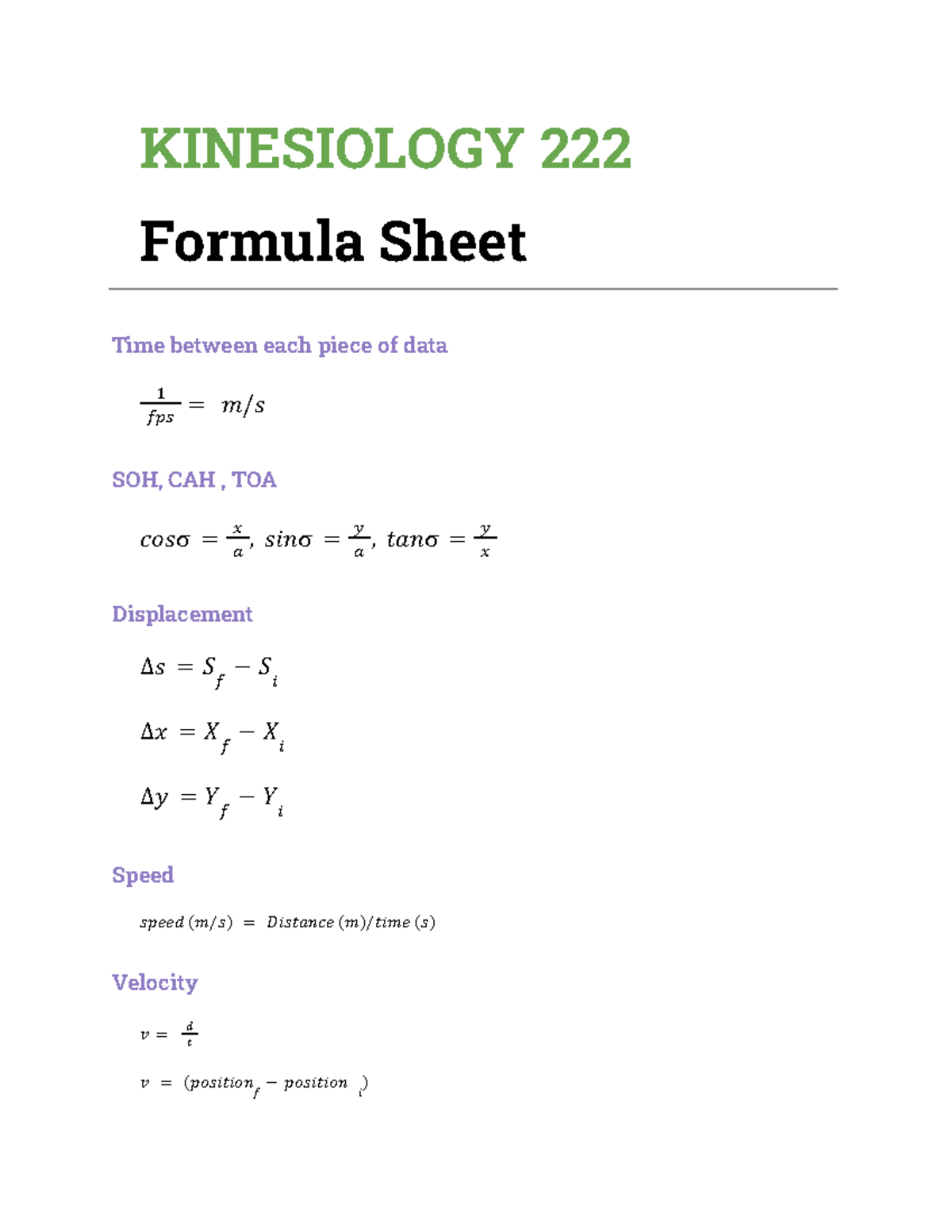 Formula Sheet For midterm 2 - KINESIOLOGY 222 Formula Sheet Time ...
