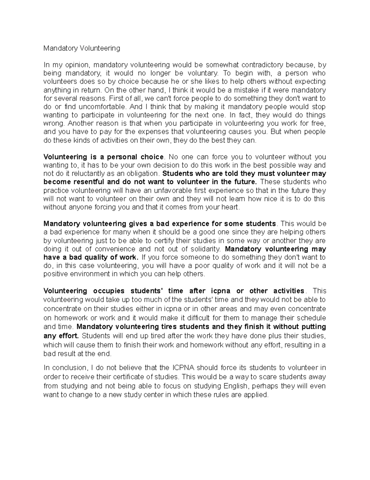 Mandatory vollunter - wdwwdwd - Mandatory Volunteering In my opinion, mandatory volunteering ...