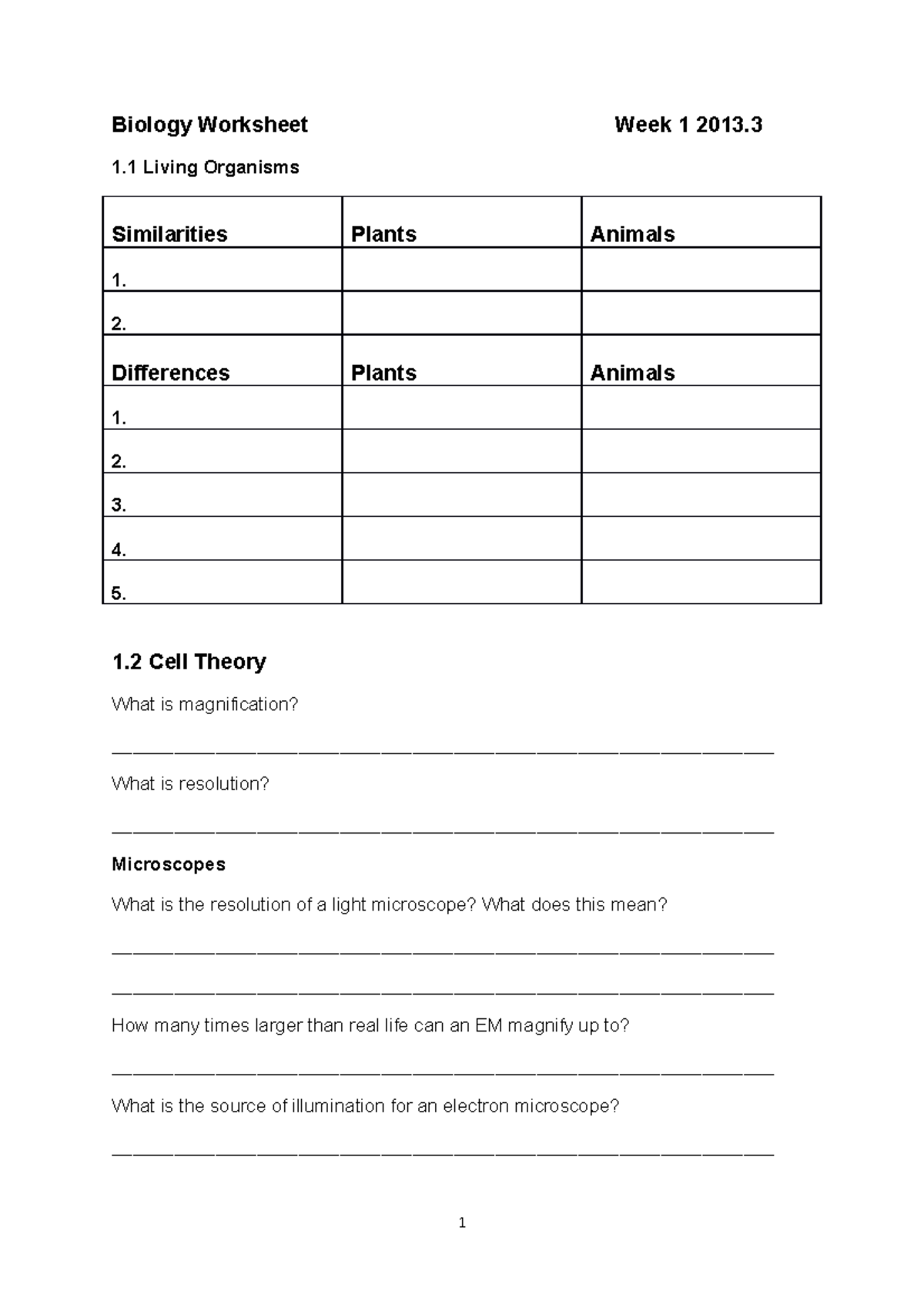 Biology Worksheet Wk 1 2013 - Biology Worksheet Week 1 2013. 1 Living ...