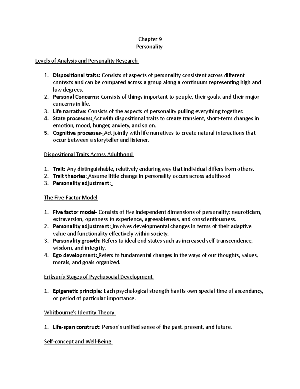 Chapter 9 notes - Chapter 9 Personality Levels of Analysis and ...