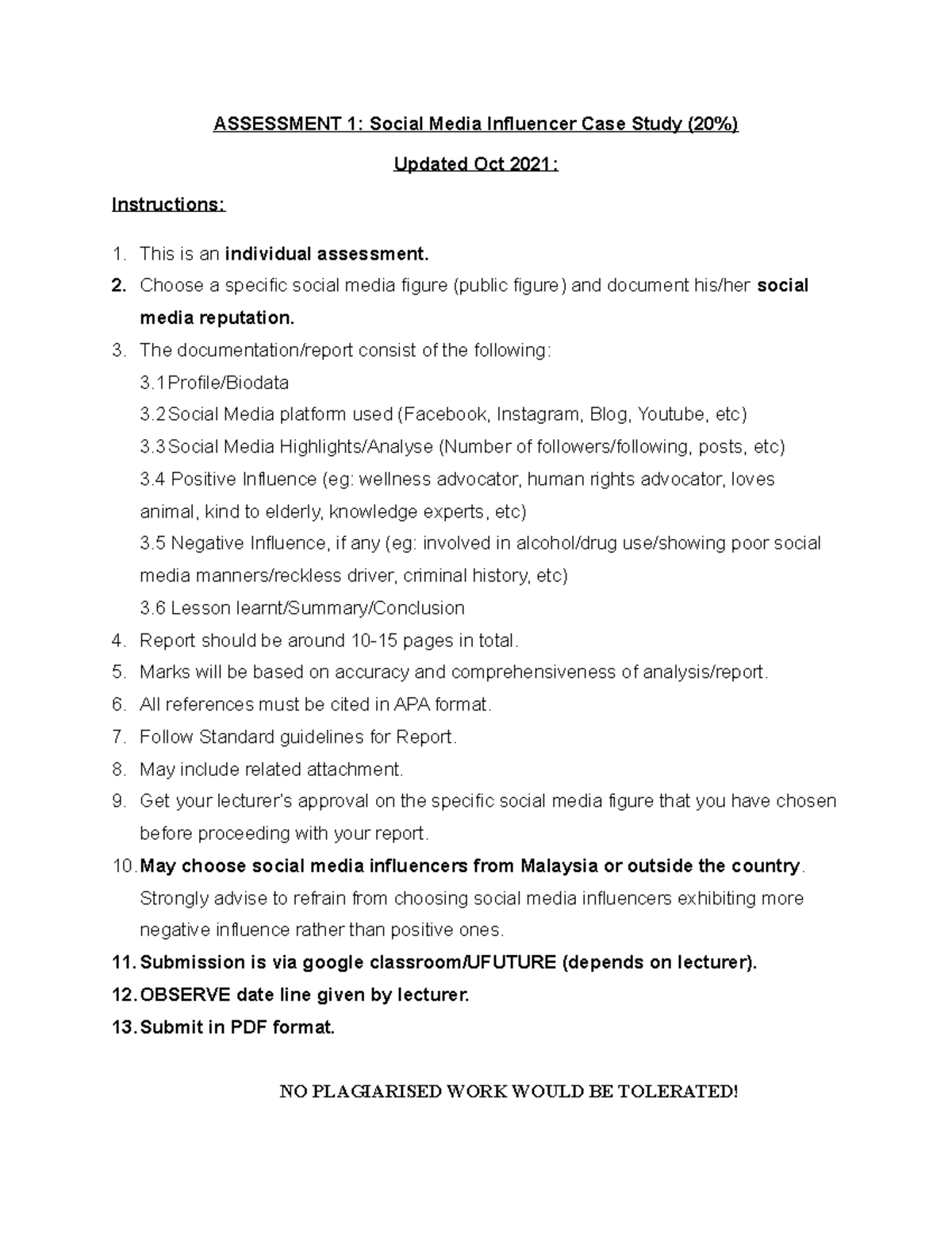 Assessment 1 Social Media Influencer Case Study updated OCT 2021 ...