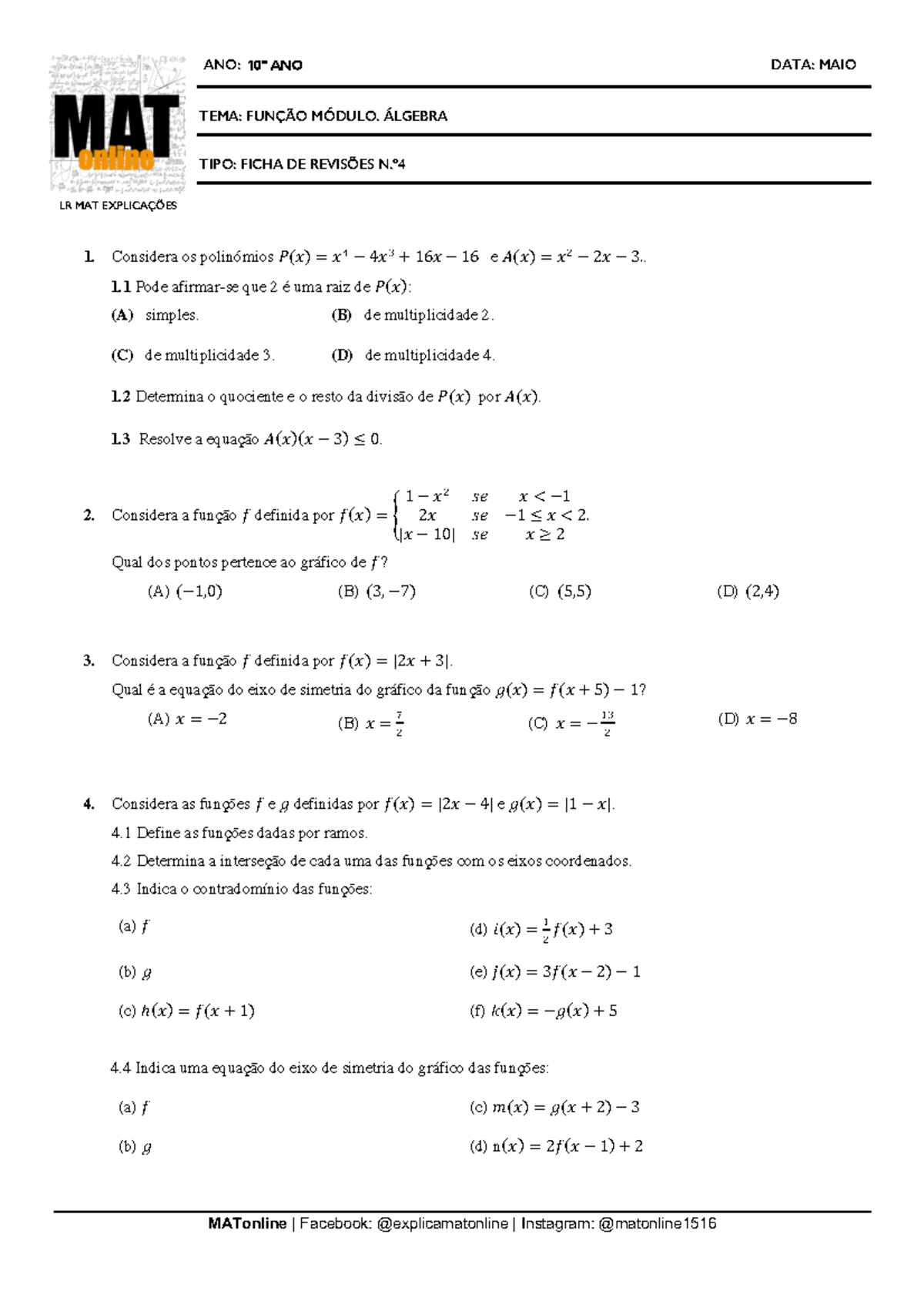 FR9 funcaomodulo algebra 10 - ANO: 10 º ANO DATA: MAIO TEMA: FUNÇÃO ...