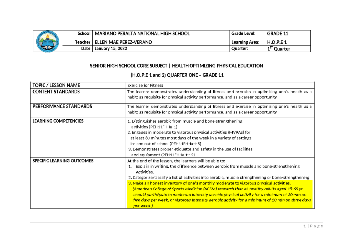 MAPEH/HOPE DAILY LESSON PLAN - School MARIANO PERALTA NATIONAL HIGH ...
