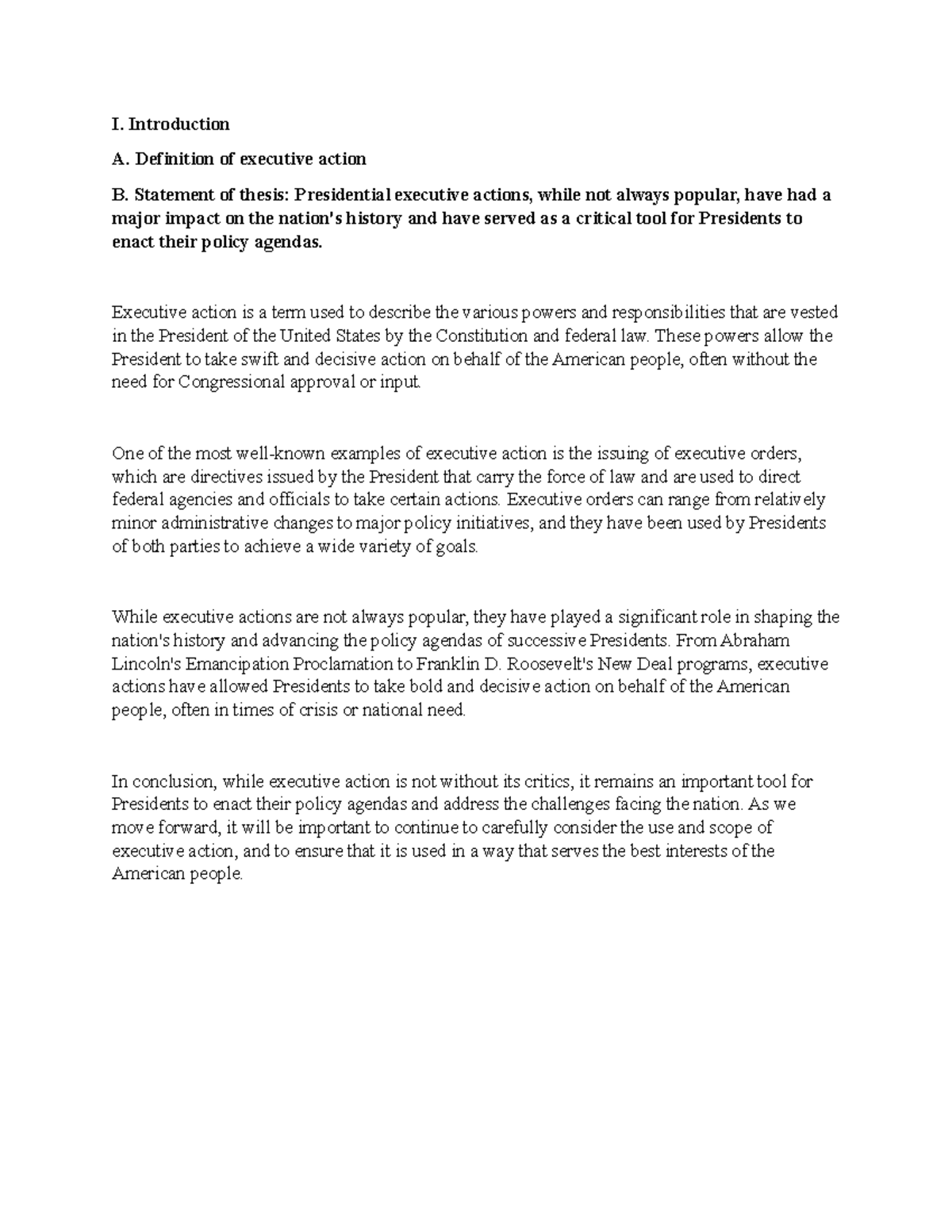 Notes on The Presidency Landmark Executive Actions - I. Introduction A ...