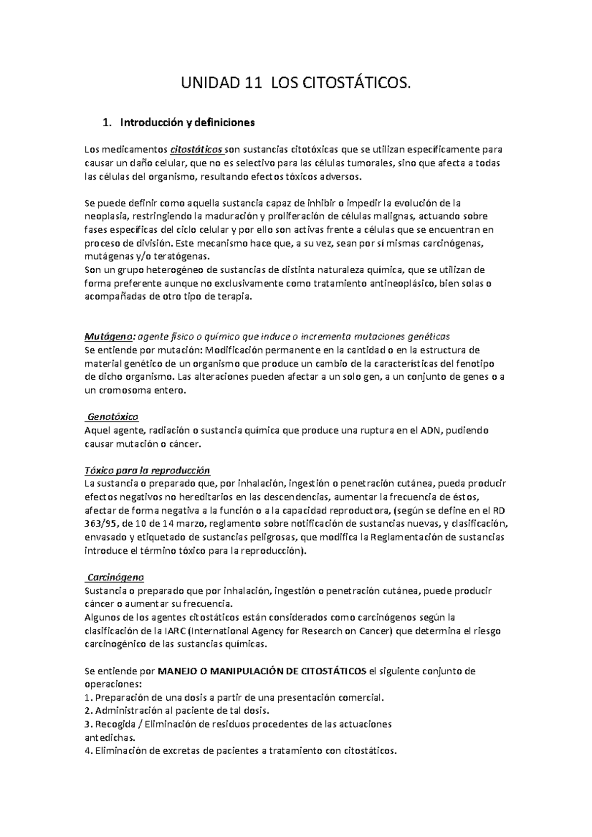 Citoestaticos 2023 - UNIDAD 11 LOS CITOSTÁTICOS. 1. Introducción y ...