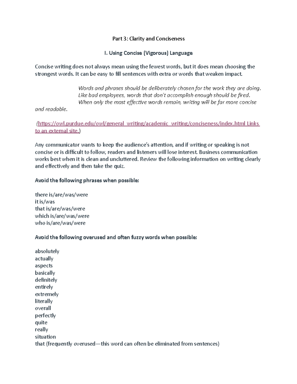 4 C's Review Notes Part 3 - Part 3: Clarity and Conciseness I. Using ...