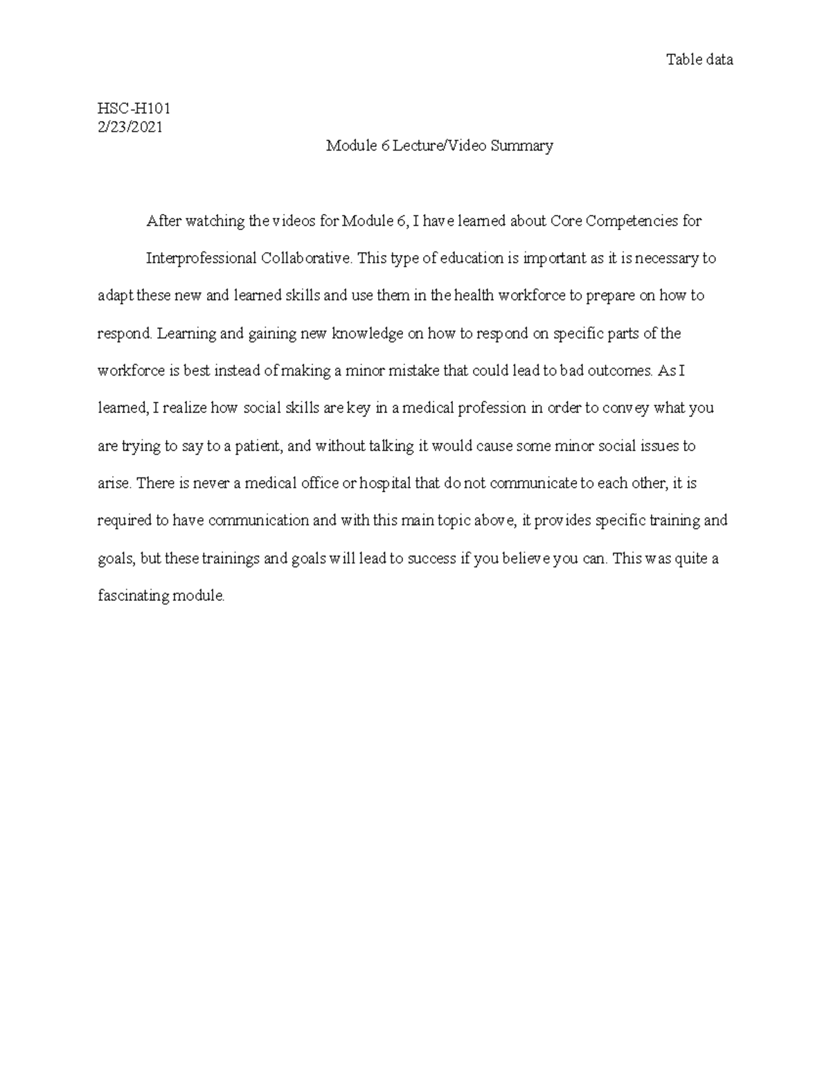Module 6 Lecture Summary - Table data HSC-H 2/23/ Module 6 Lecture ...