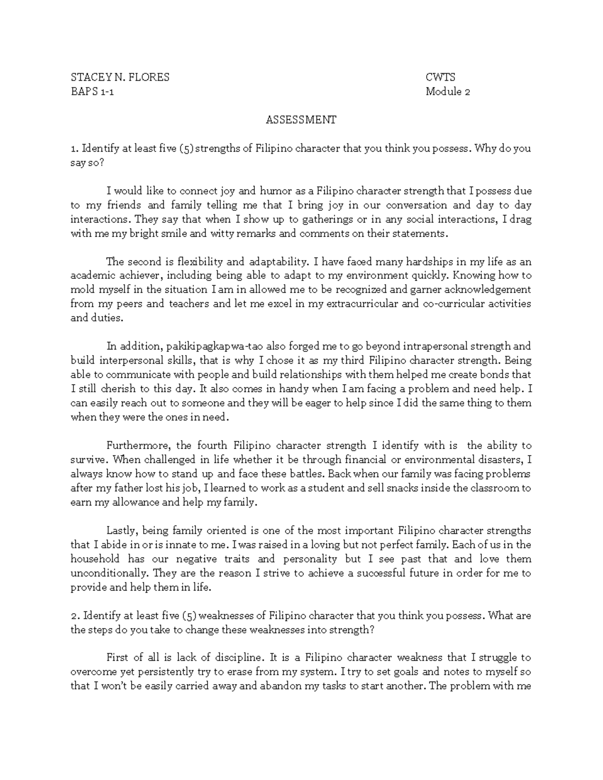 CWTS Flores Module 2 Assessment - STACEY N. FLORES CWTS BAPS 1-1 Module ...