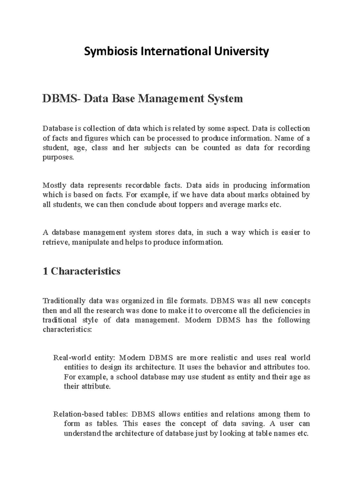 Data Base Management System - Symbiosis International University DBMS ...