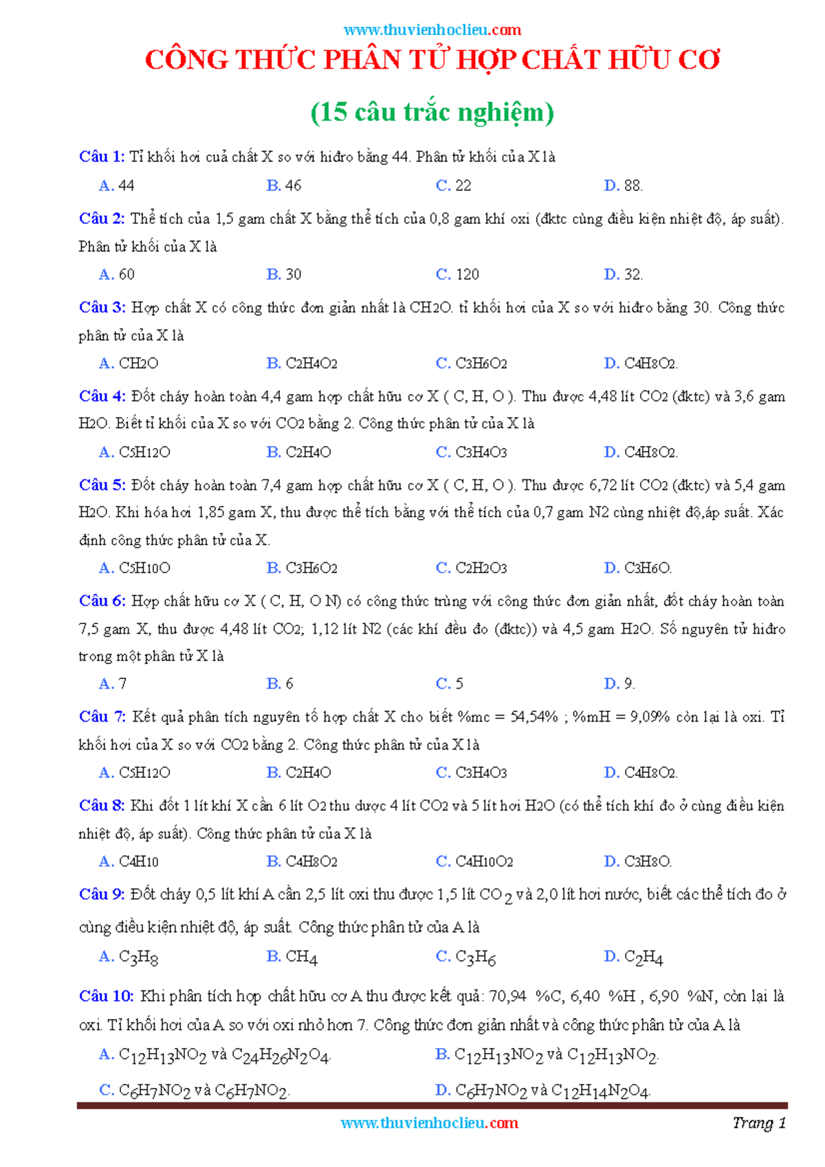 CONG THUC PHAN TU HOP CHAT HUU CO co dap an - thuvienhoclieu CÔNG THỨC PHÂN TỬ HỢP CHẤT HỮU CƠ ...