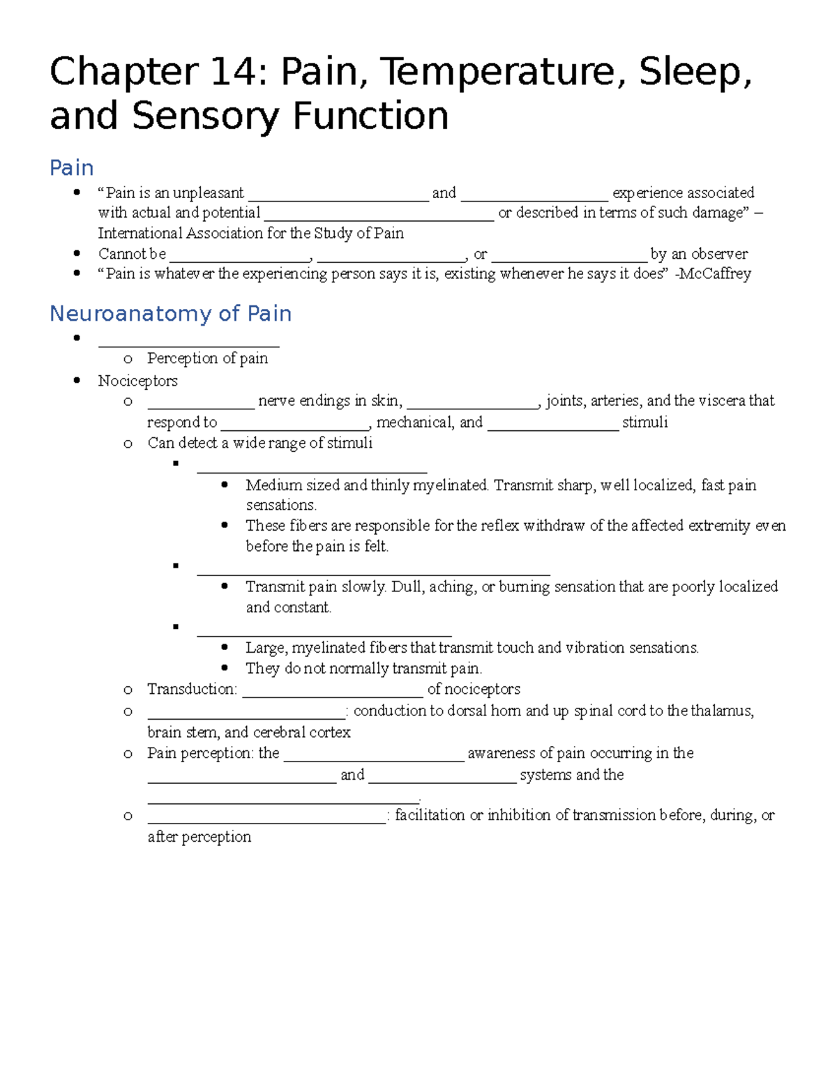 Chapter 14 Notes - Pain, Temperature, Sleep, and Sensory Function ...
