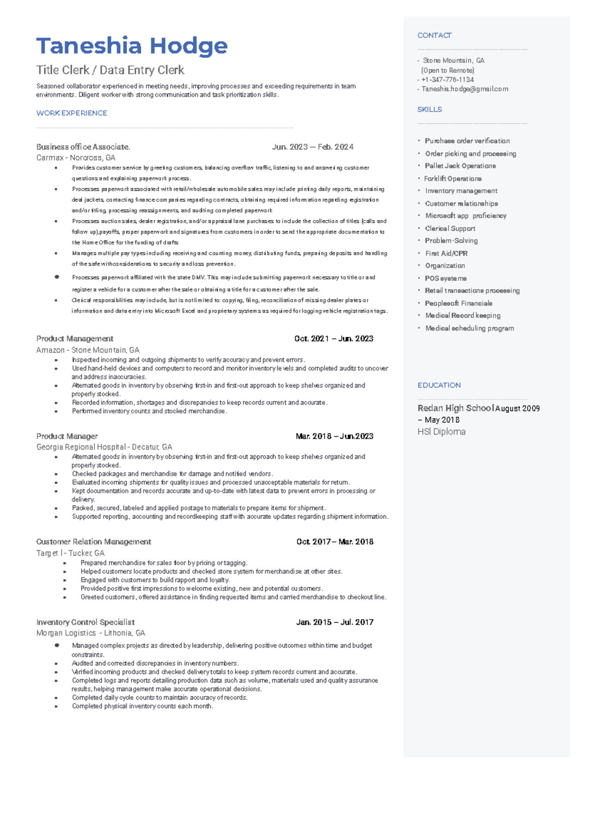 Resume - Taneshia Hodge Title Clerk / Data Entry Clerk Seasoned ...