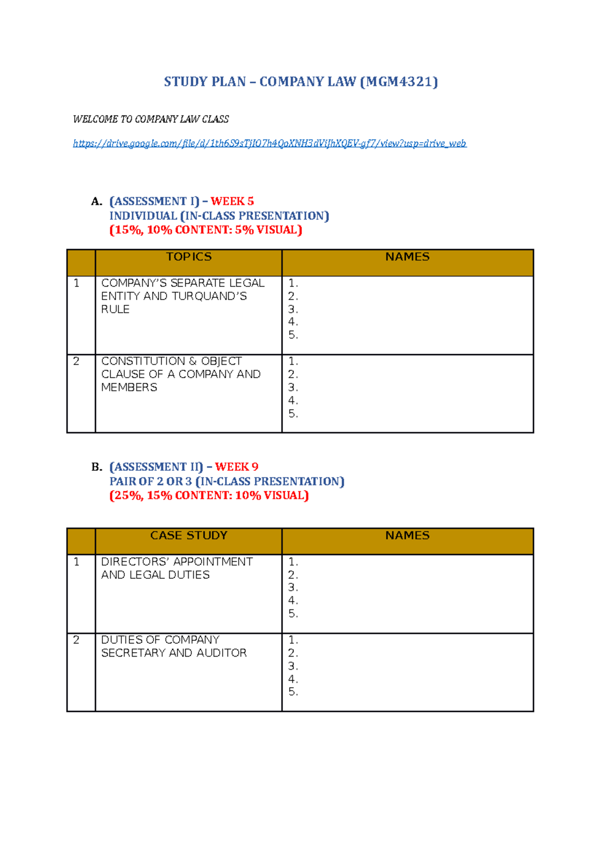 Study PLAN Company LAW - STUDY PLAN – COMPANY LAW (MGM4321) WELCOME TO ...