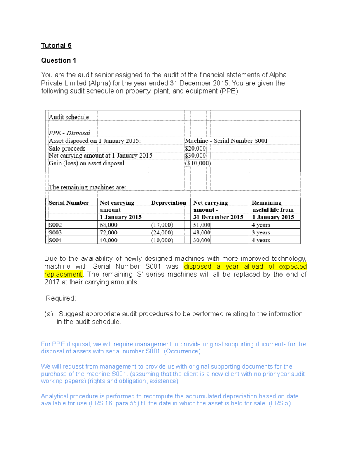 Tutorial 6 - Audit of PPE - Tutorial 6 Question 1 You are the audit ...