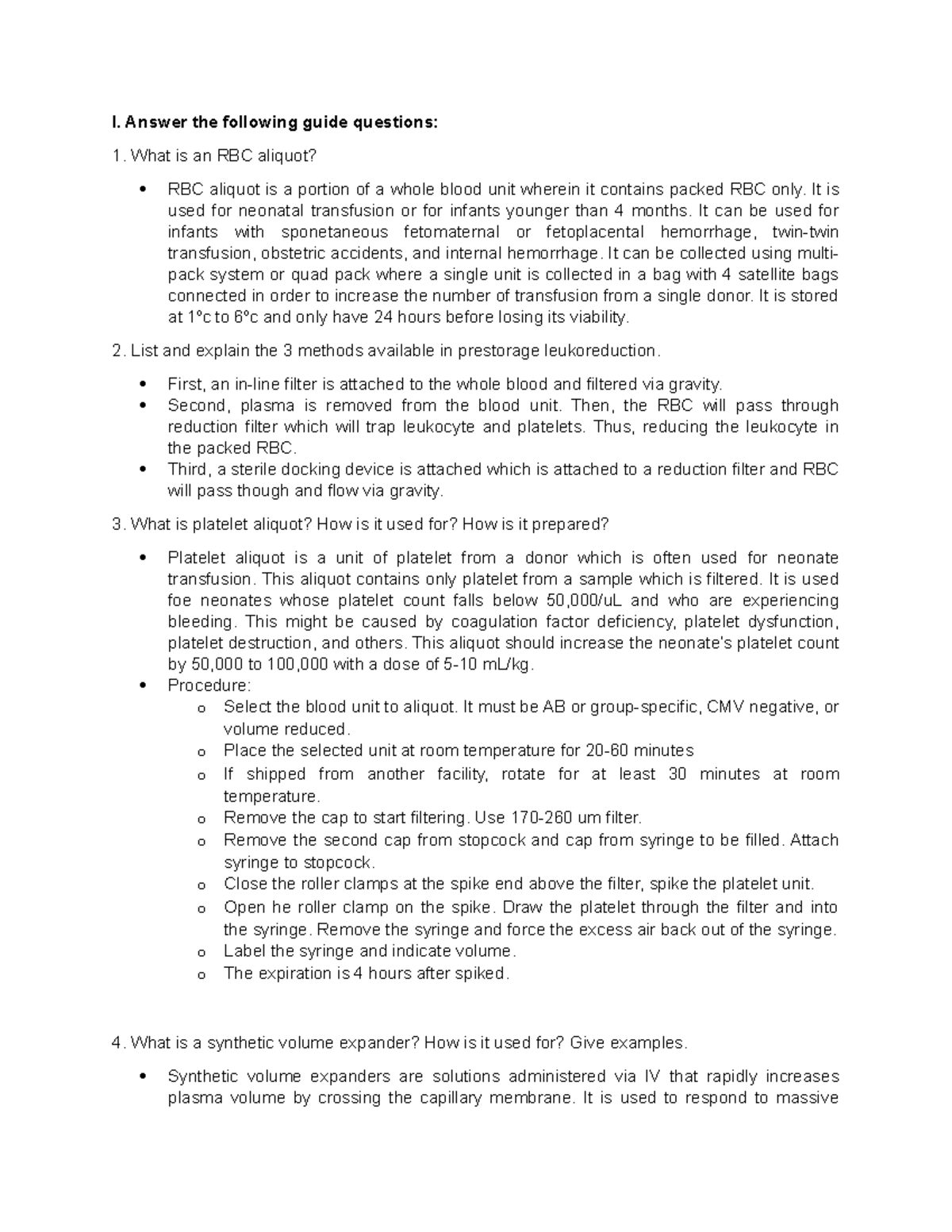 BB - Pheresis Notes - I. Answer the following guide questions: What is ...