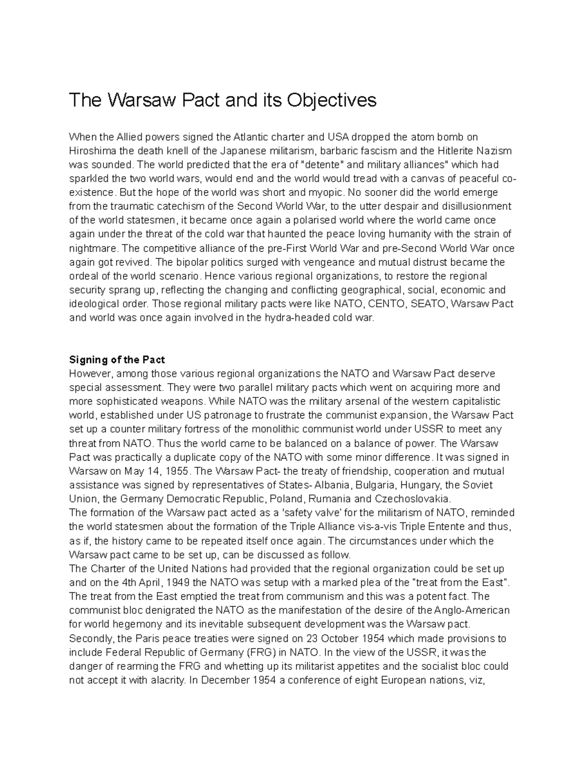 The Warsaw Pact and its Objectives - The world predicted that the era ...