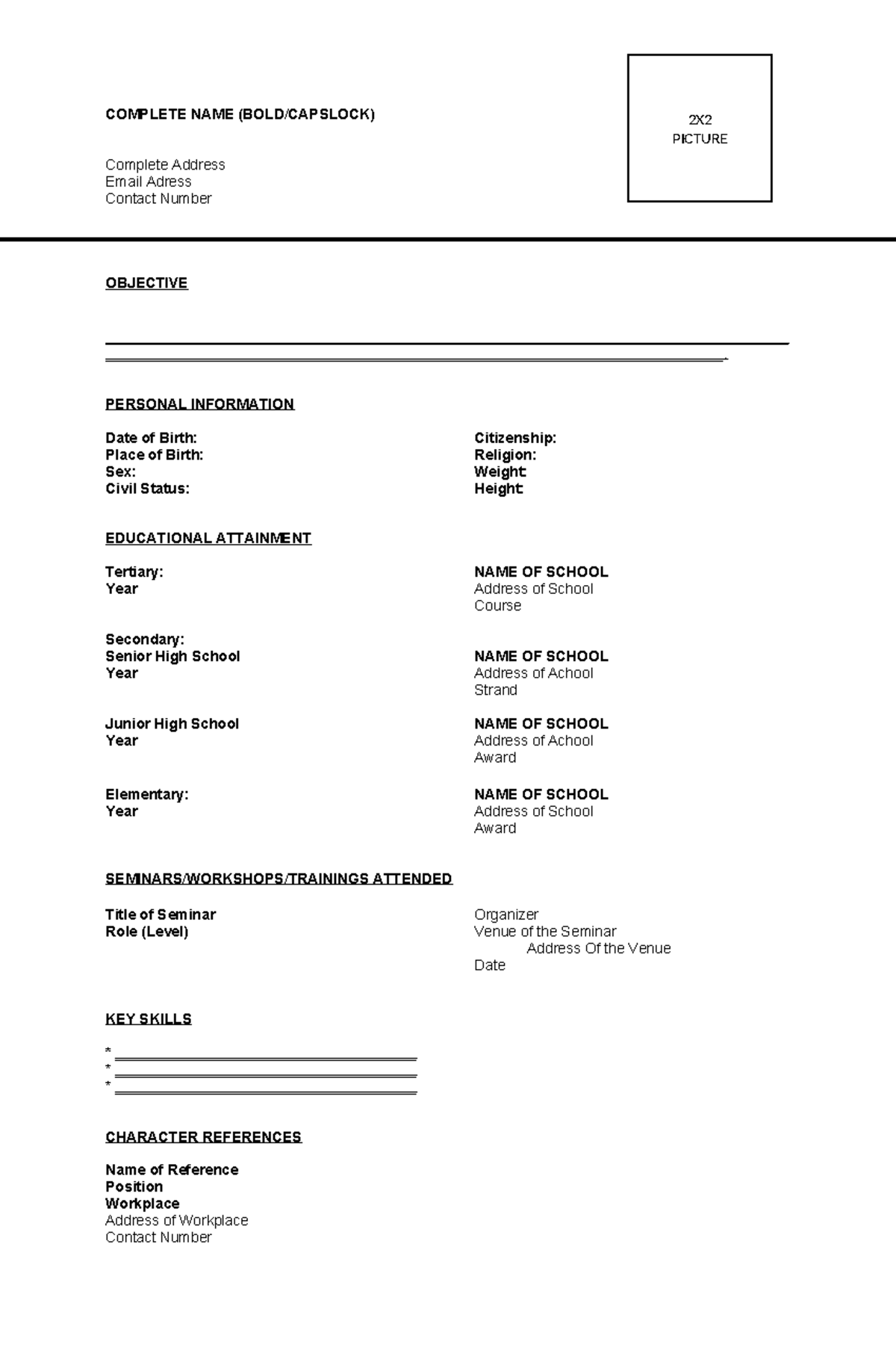 Resume-and-Curriculum-Vitae Template - 2X PICTURE COMPLETE NAME (BOLD ...