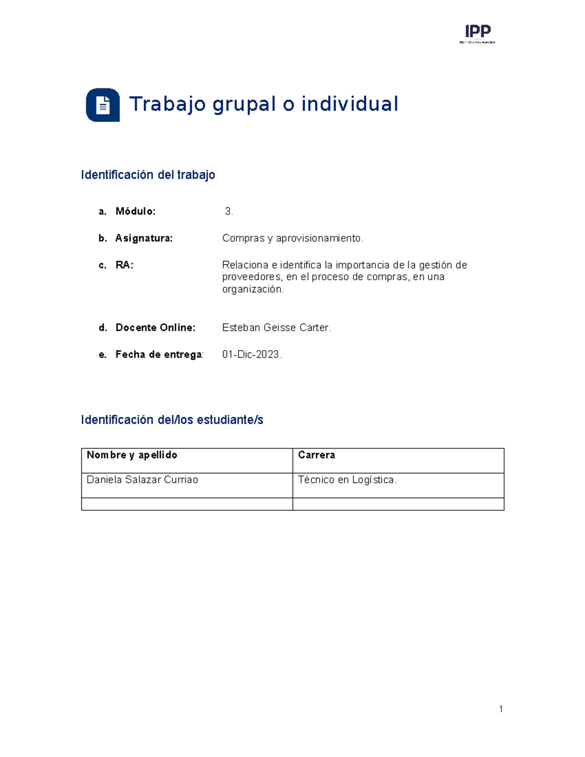 Daniela Salazar Curriao TI M3 Compras y Aprovisionamiento - Trabajo grupal o individual - Studocu