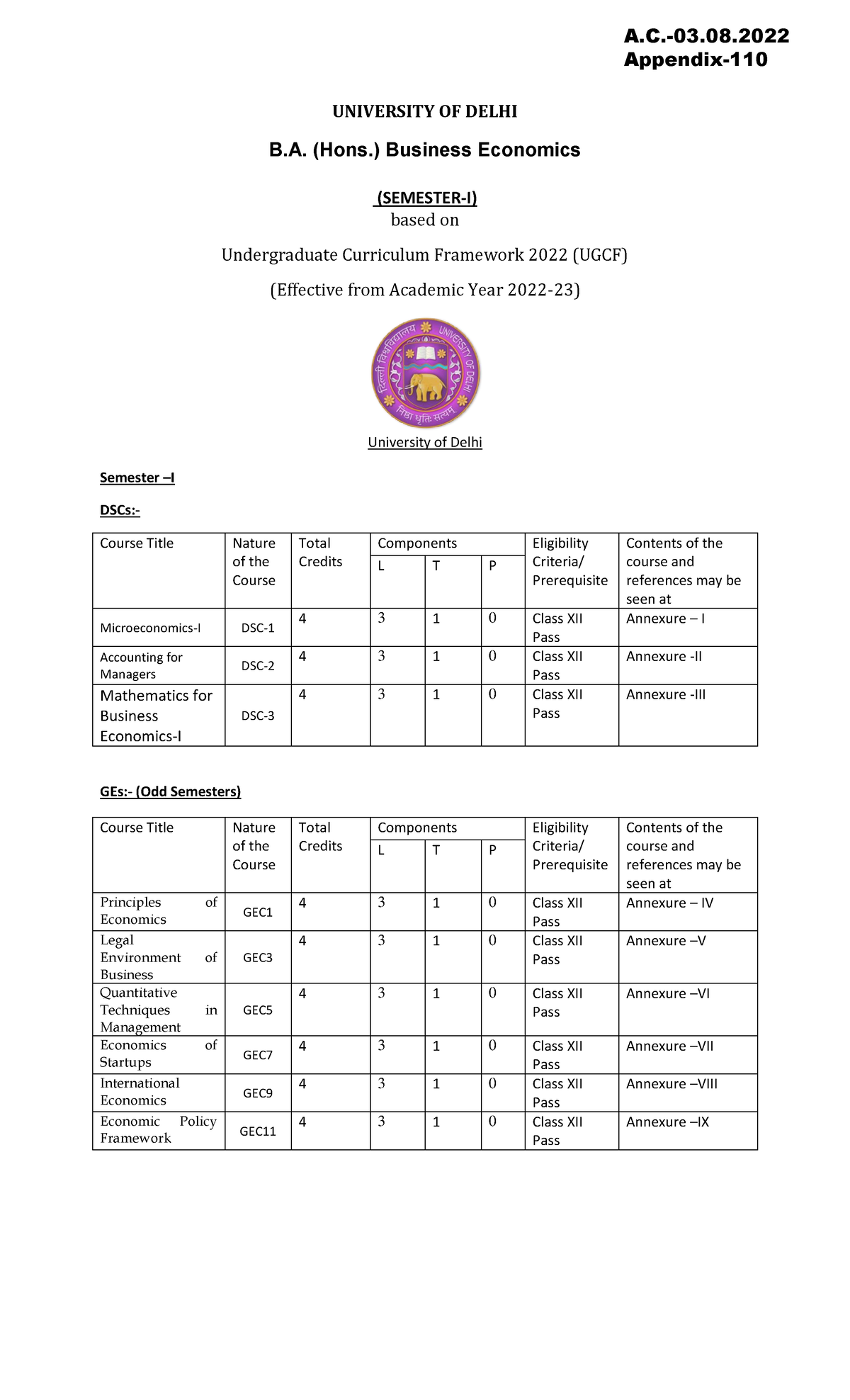 BBE Syllabus NEP - UNIVERSITY OF DELHI B. (Hons.) Business Economics (SEMESTER-I) based on - Studocu