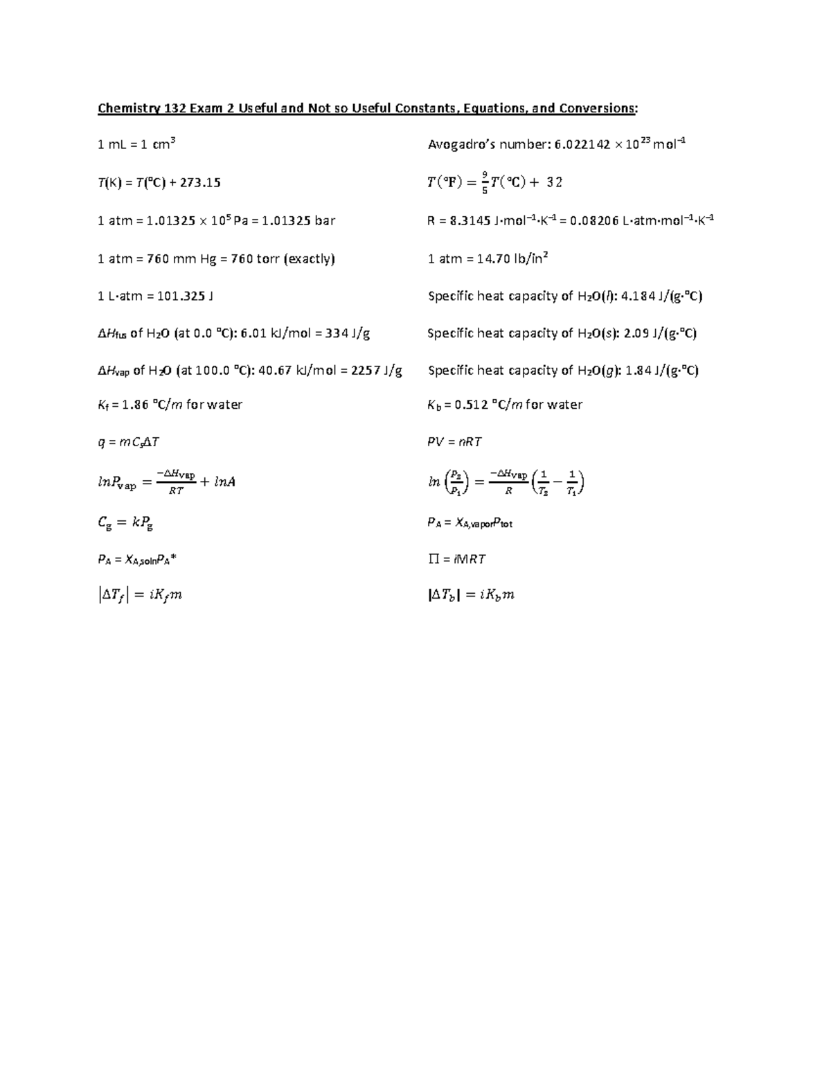 Exam 2 Equation Sheet - Chemistry 132 Exam 2 Useful and Not so Useful ...