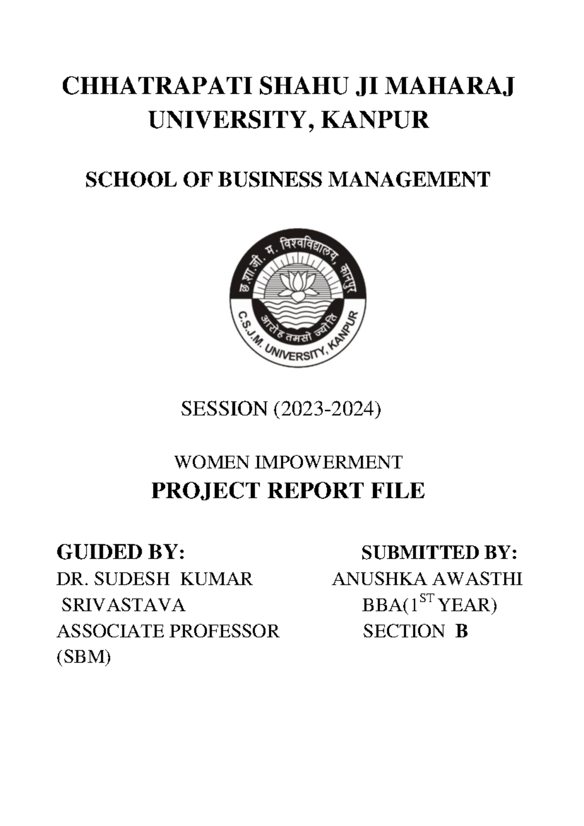 Cover page of practical - principles of Management - CHHATRAPATI SHAHU JI MAHARAJ UNIVERSITY ...