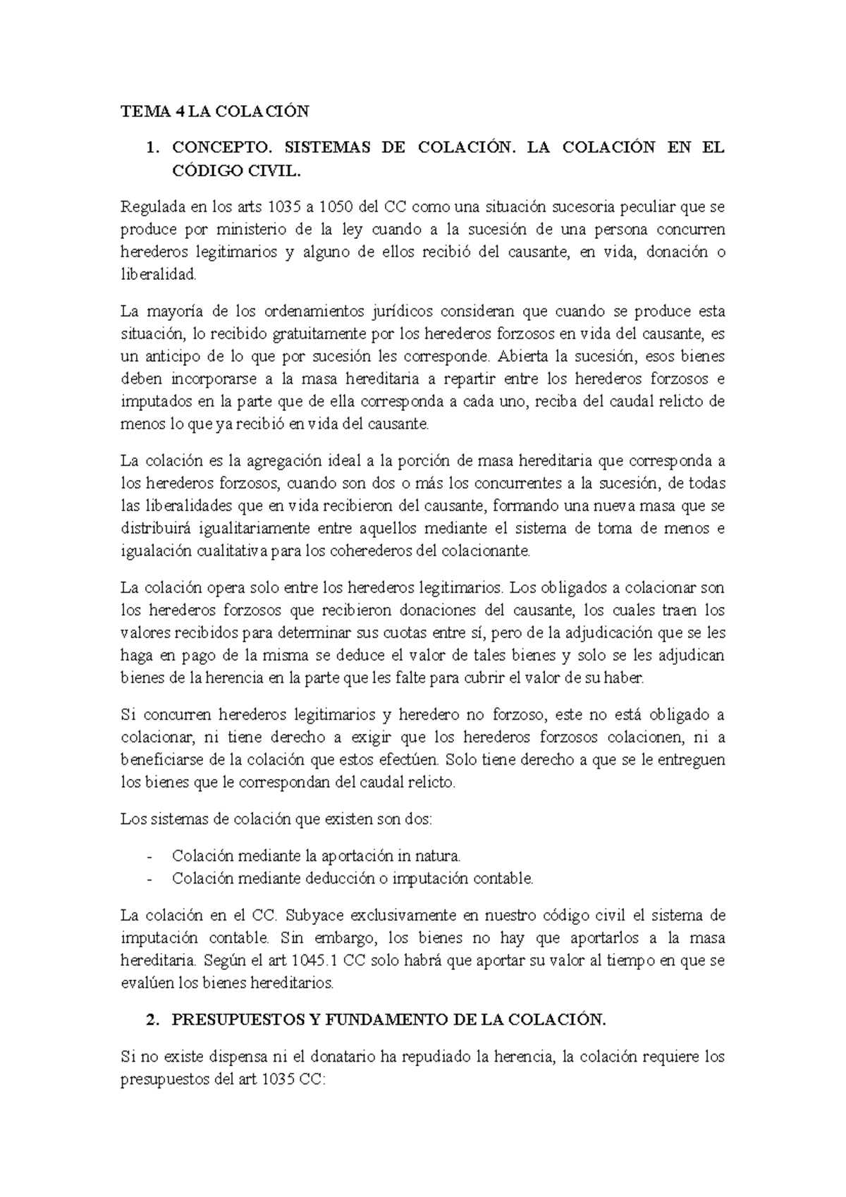 Tema 4 la colacion - TEMA 4 LA COLACIÓN 1. CONCEPTO. SISTEMAS DE ...