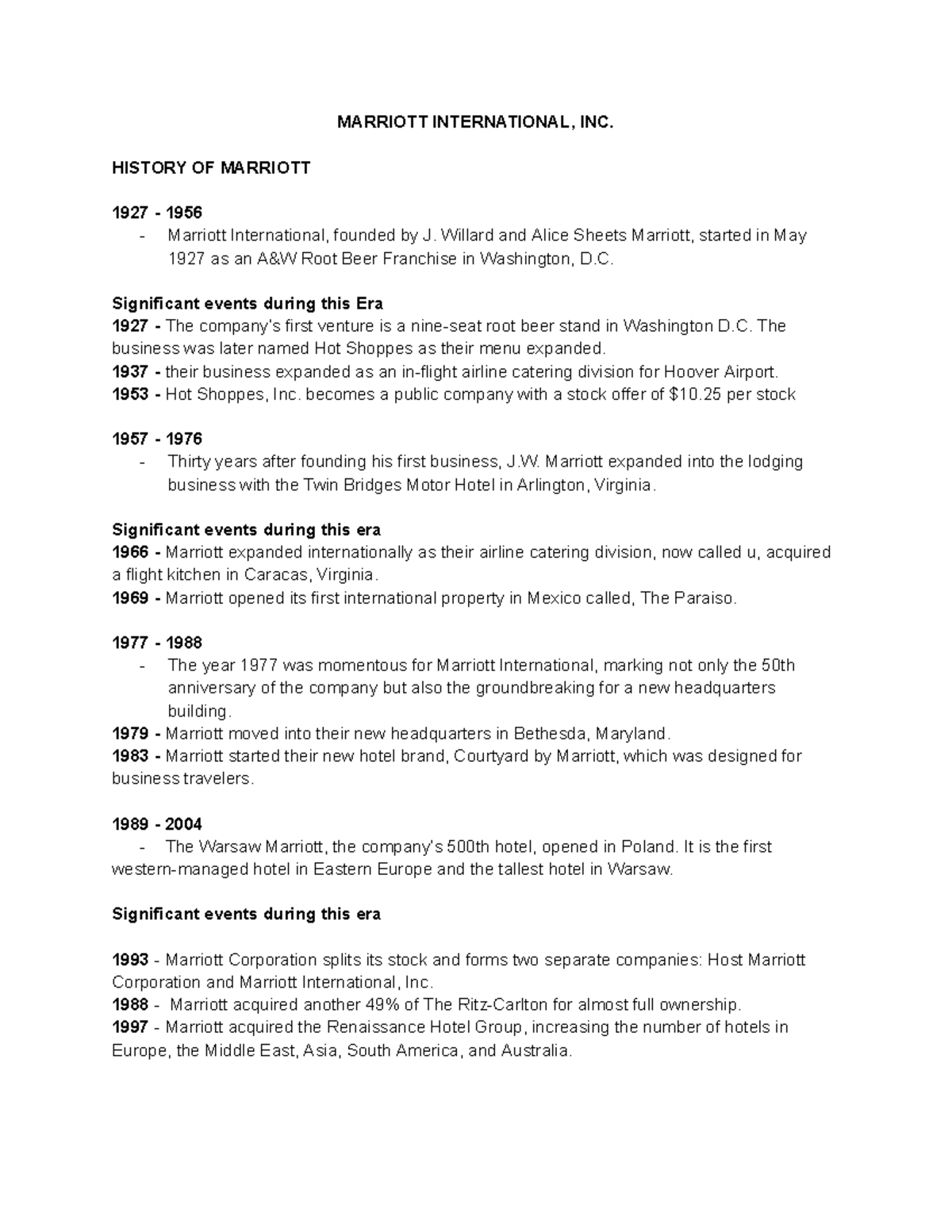 Marriott International, INC - MARRIOTT INTERNATIONAL, INC. HISTORY OF ...