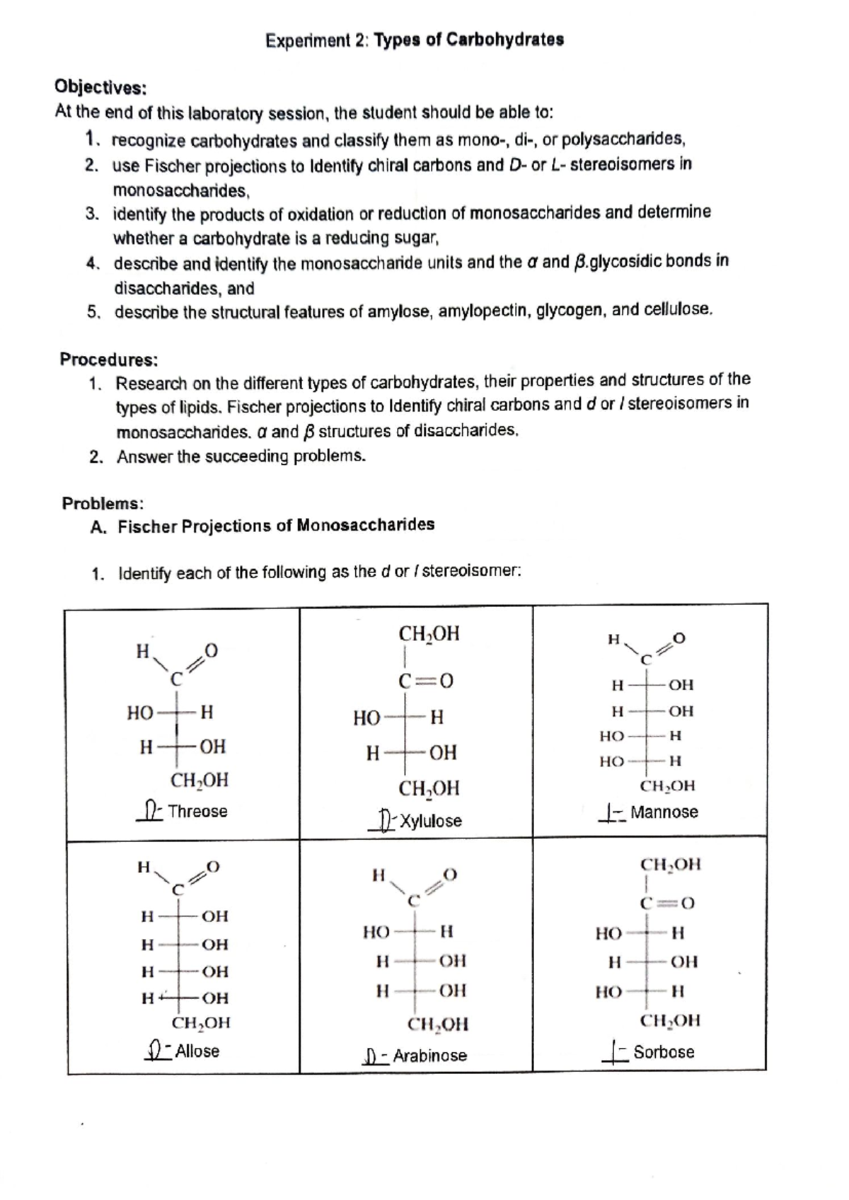Experiment 2&3 Carbohydrates - Experiment 2: Types of Carbohydrates ...