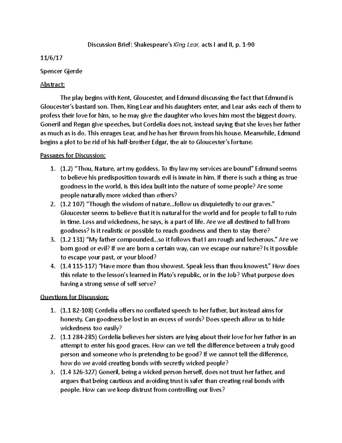 King-Lear-discusison - Discussion Brief: Shakespeare’s King Lear, acts ...