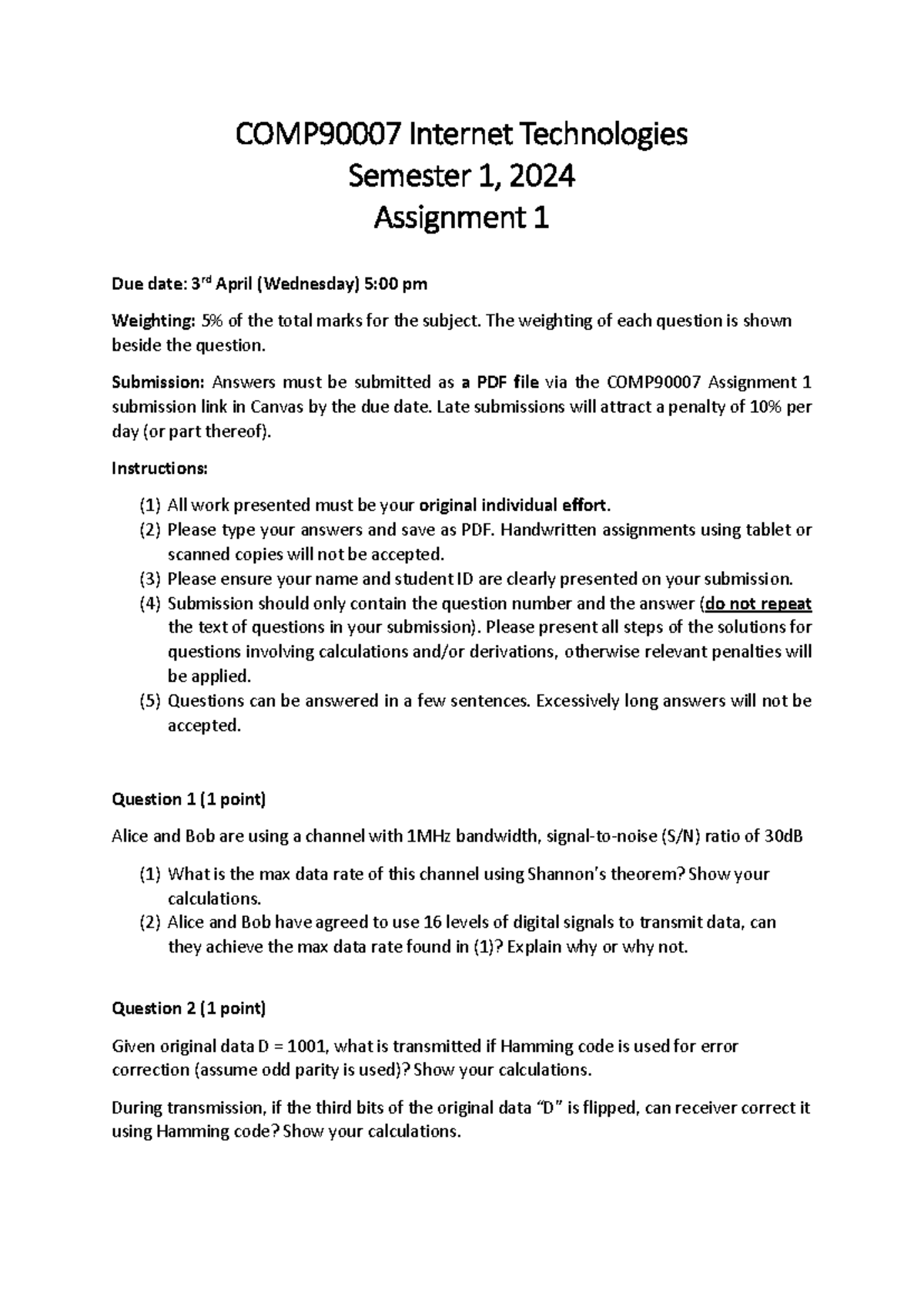 Assignment 1 Qs 2024 - COMP90007 Internet Technologies Semester 1 , 20 24 Assignment 1 Due date ...