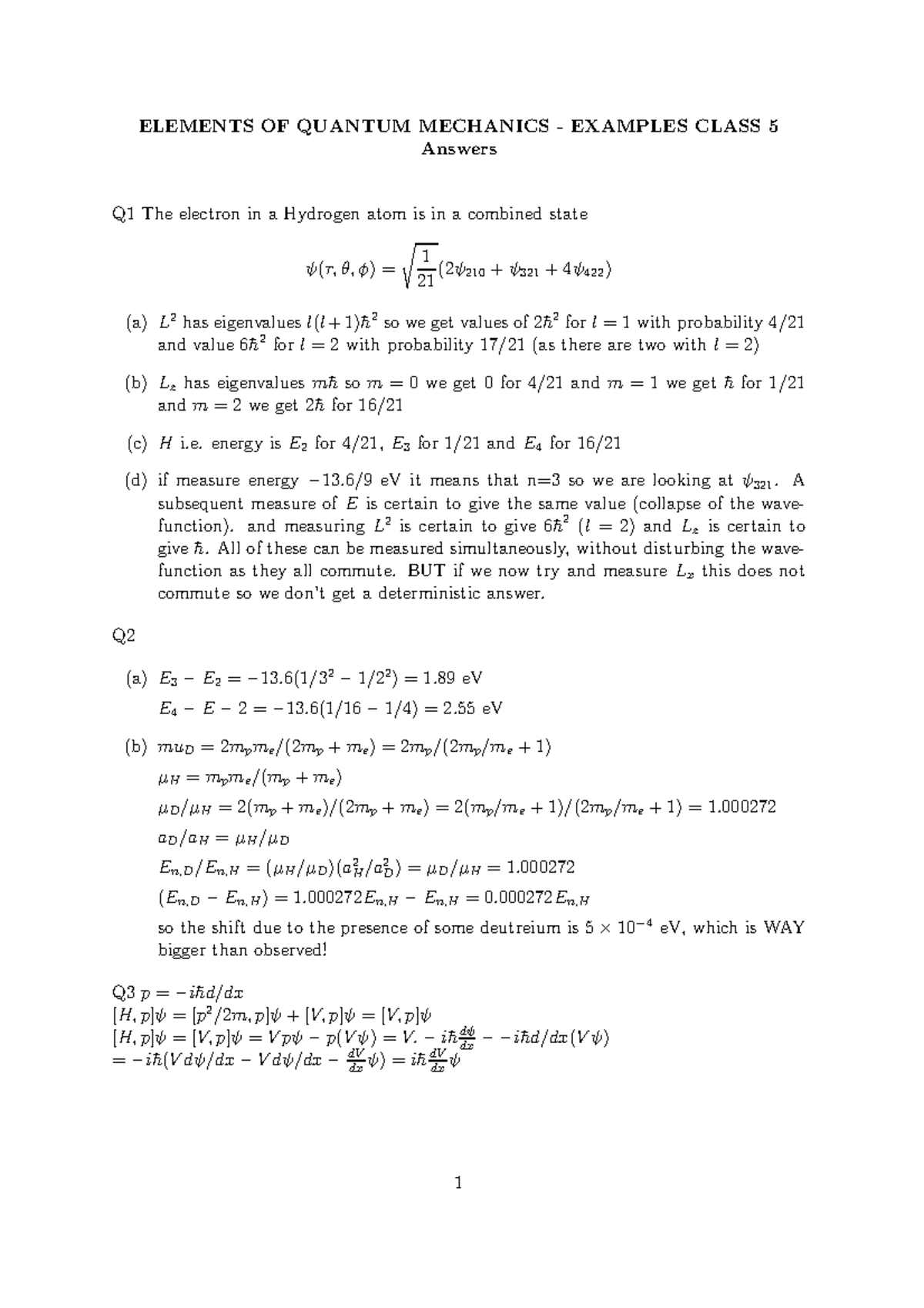 PHYS2581 2015-2016 Example Class 5 - Solution - ELEMENTS OF QUANTUM ...