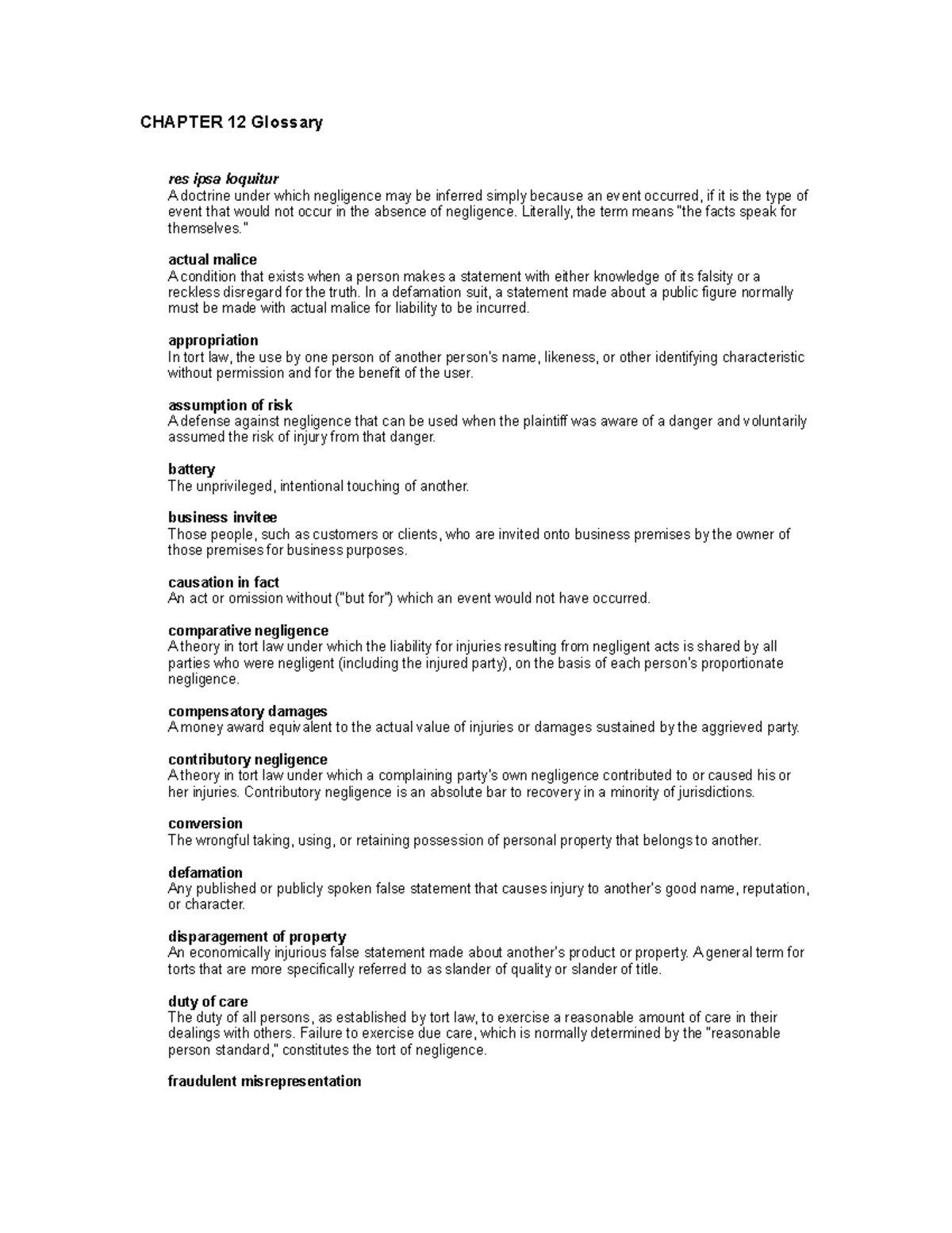 Ch12 - to revise and reinforce legal concepts and terms - CHAPTER 12 Glossary res ipsa loquitur ...